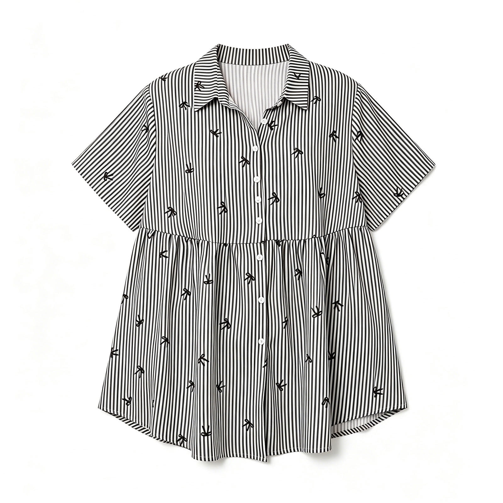 Iyufng Womens Plus Size Collar Striped Shirt Embroidery Bow Babydoll ...