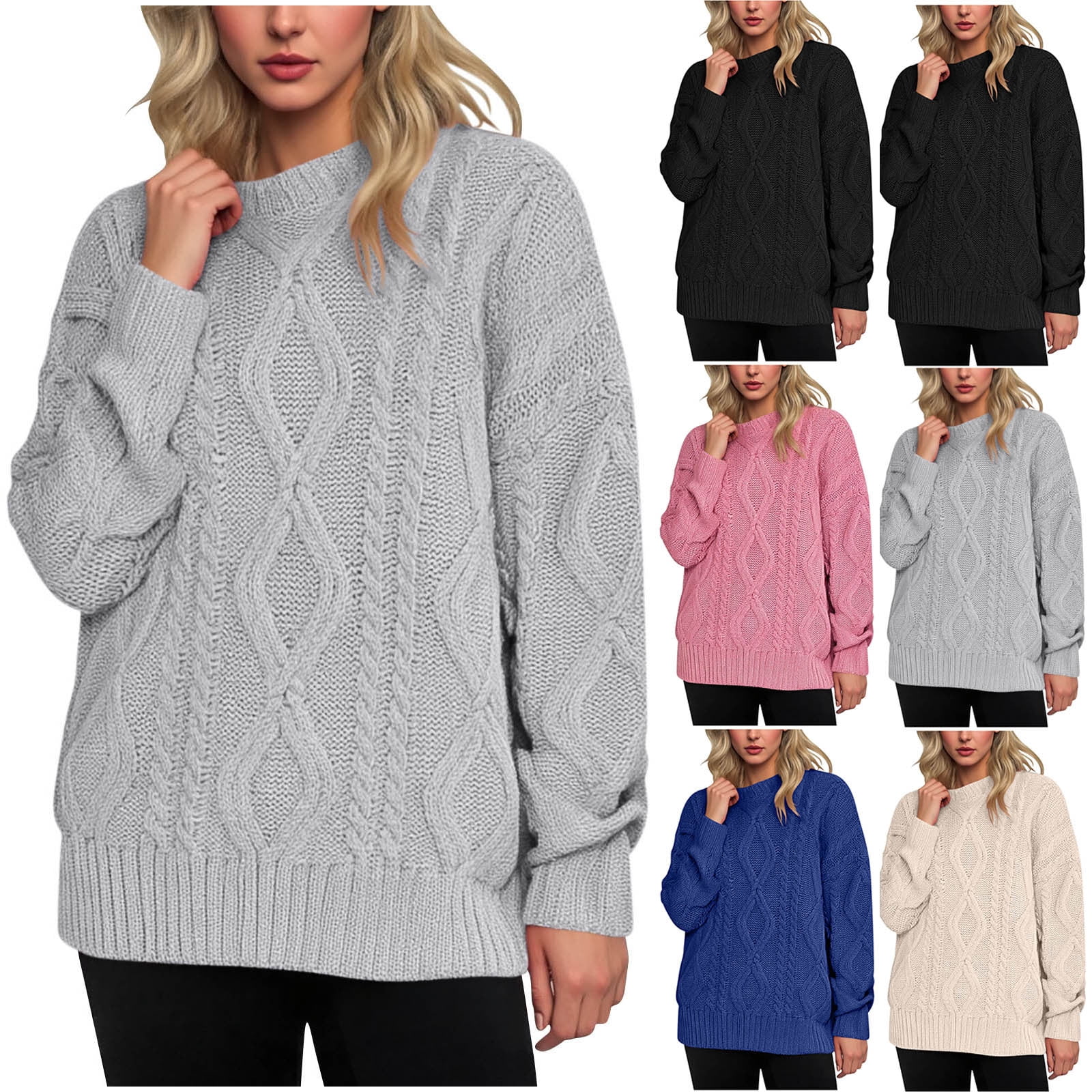 Iyufng Womens Sweaters Crewneck Long Sleeve Pullover Cable Knit Solid ...