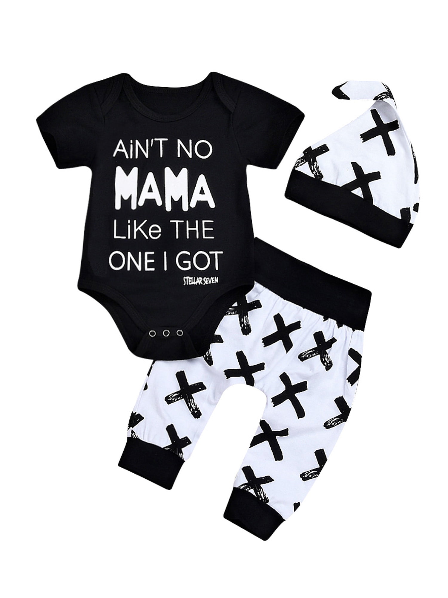 Izhansean Infant Newborn Baby Boy MAMA Outfits Set, Short Sleeve Tops Romper & Pants, Black, 3-6 ...