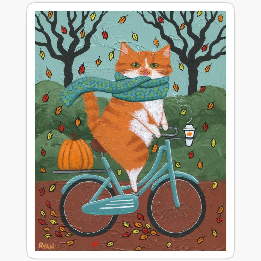 Izzy Cat Autumn Bicycle Ride Sticker Phone Decal Water Bottle Stickers ...