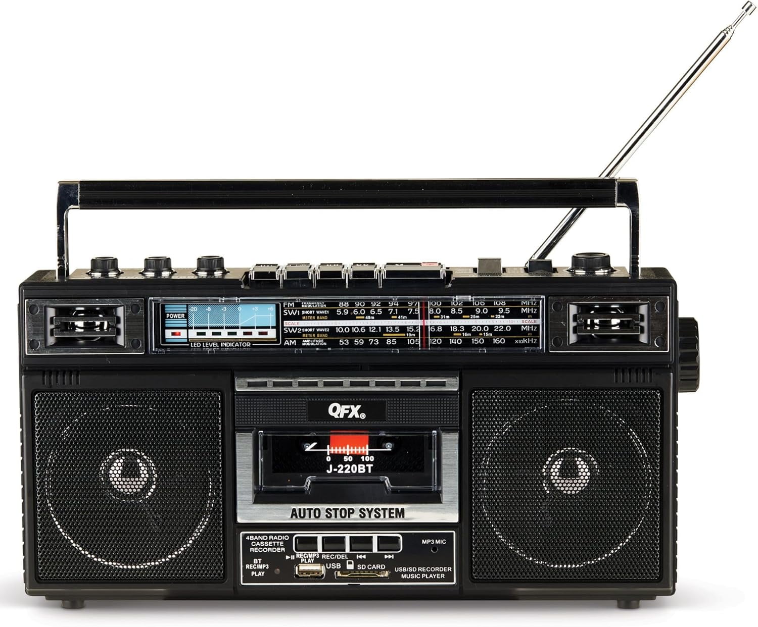 J-220BT Boombox MP3 Conversion from Radio to Cassette with 4-Band (AM, FM, SW1, SW2) Radio with ...