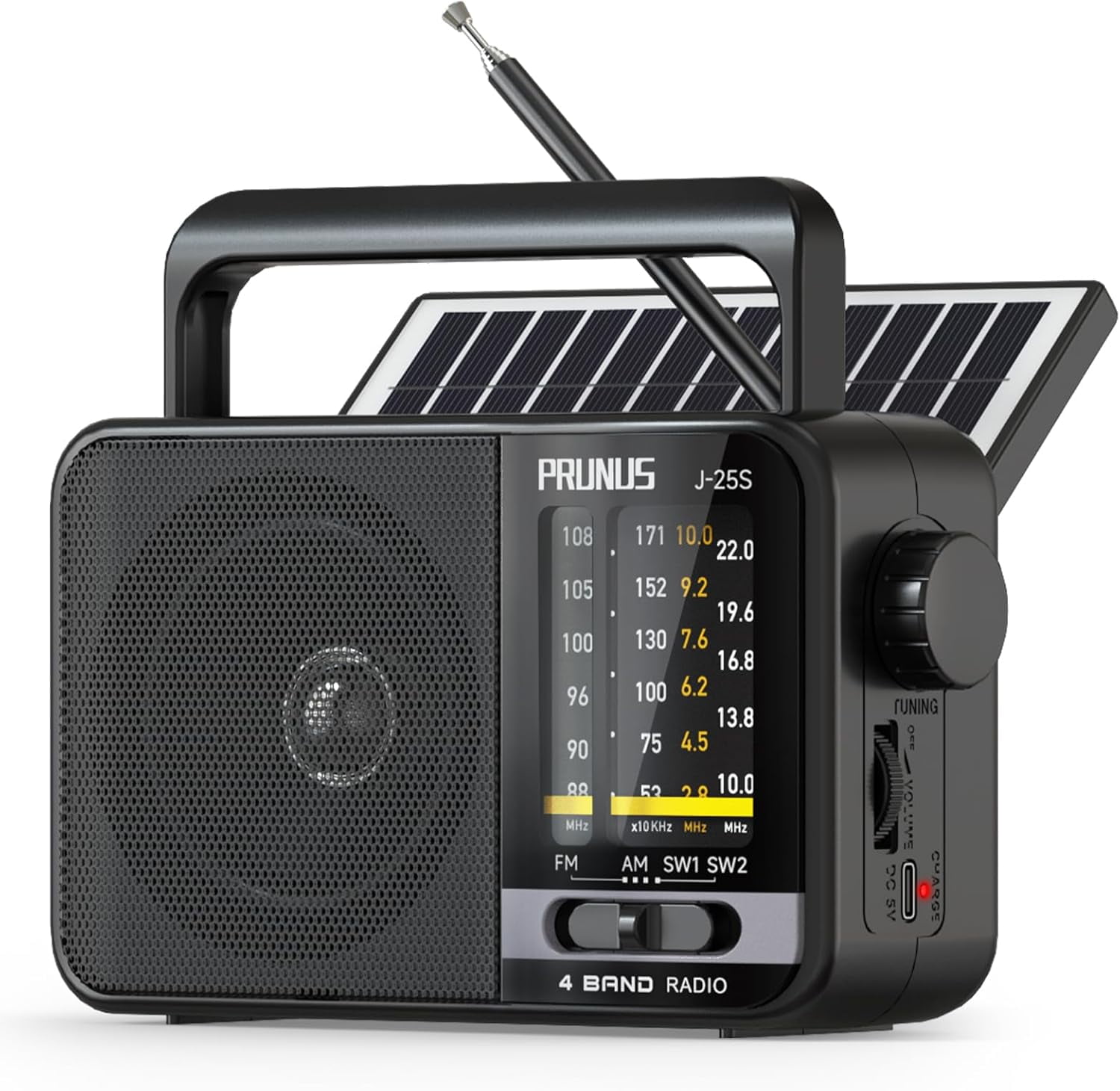 J-25S AM FM Radio Portable with Loud Speaker USB-C/Solar Rechargeable ...