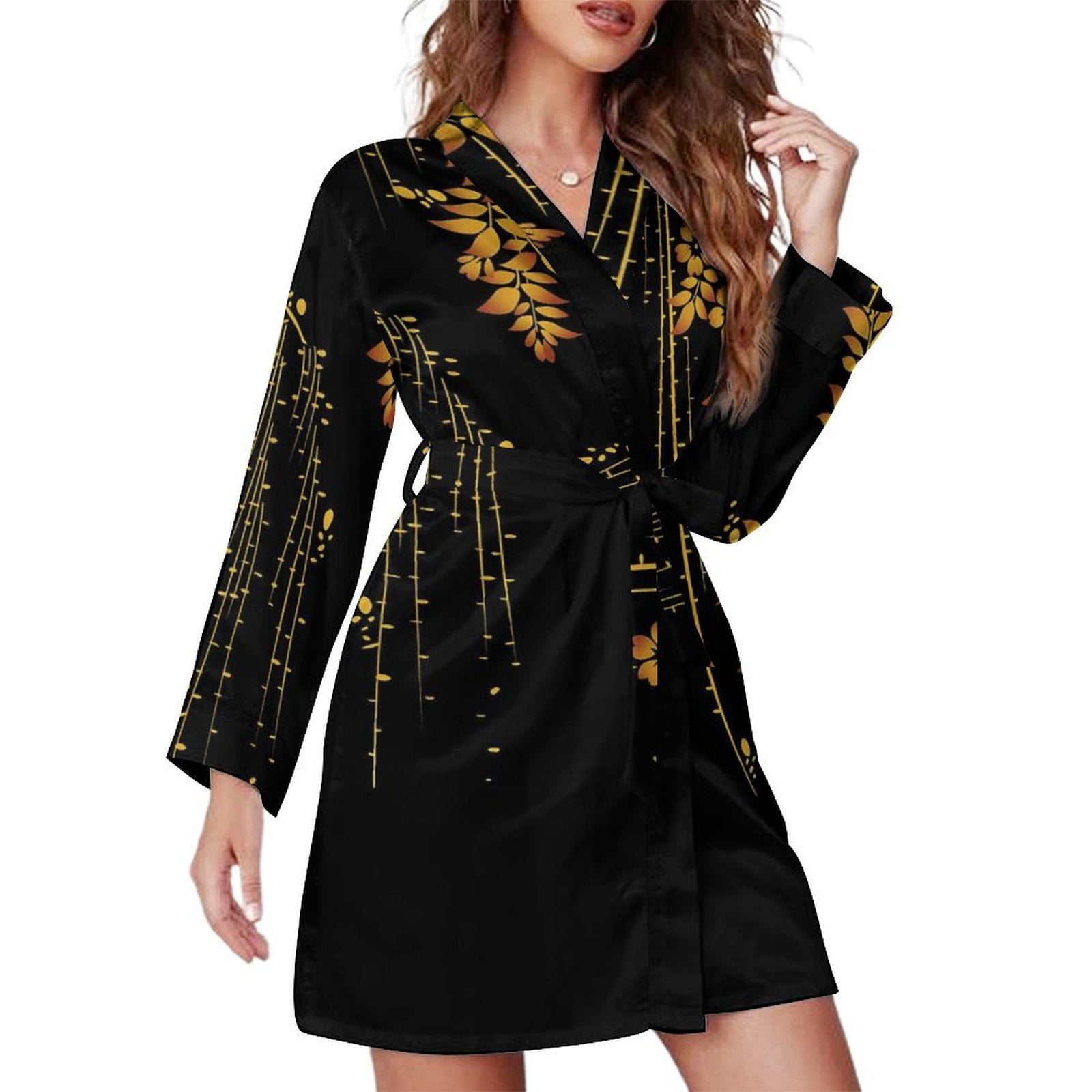 J Apanese Yellow Flower Night Robe Long Sleeve V Neck Robe With Belt ...