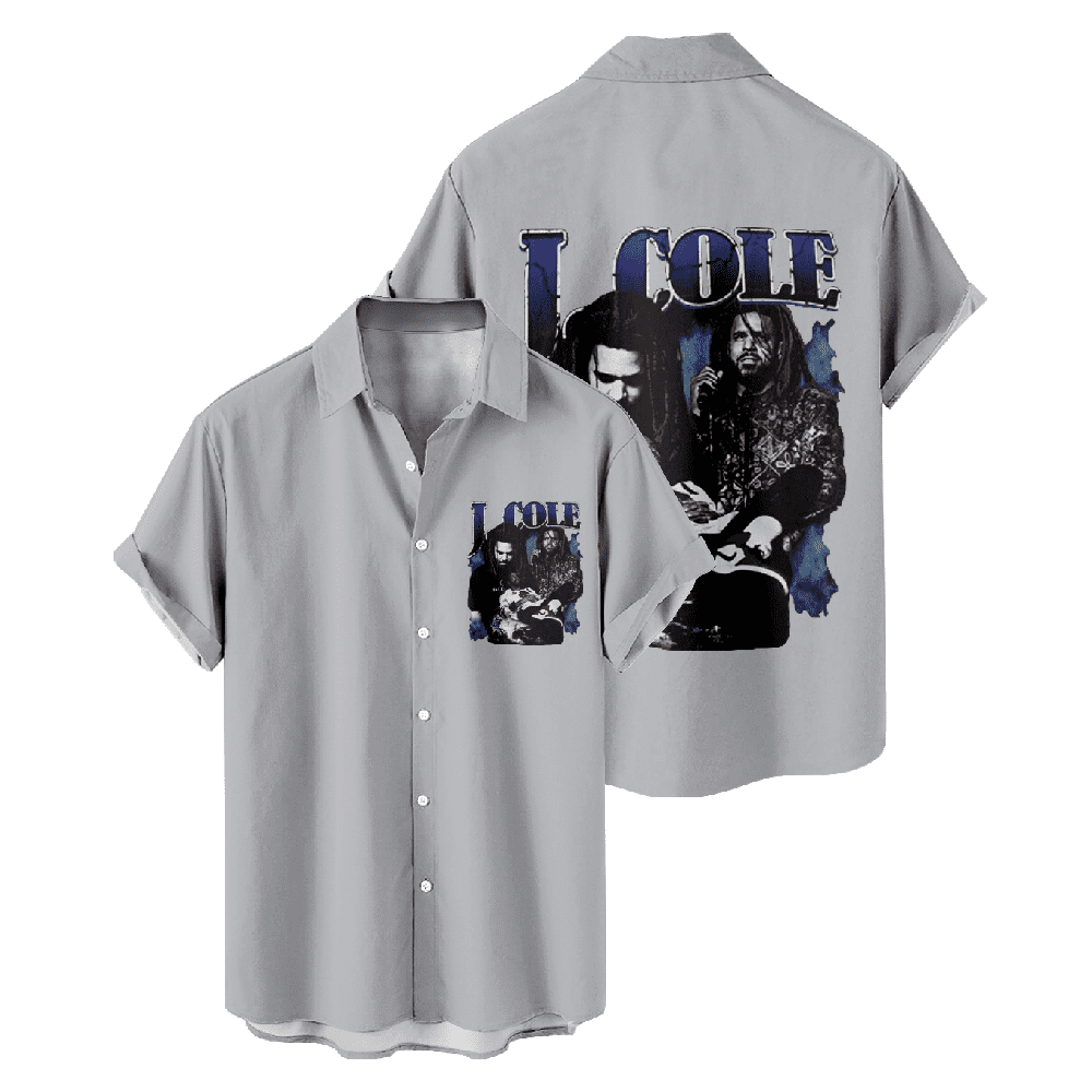 J Cole Rapper Turndown Collar Shirt Gray short sleeve shirt Flip collar ...