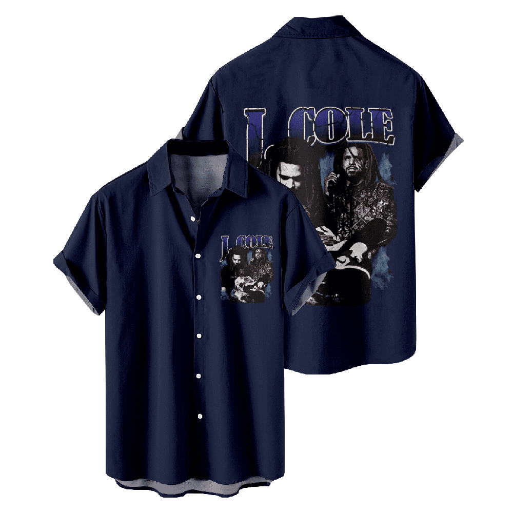 J Cole Rapper Turndown Collar Shirt Navy short sleeve shirt Flip collar ...