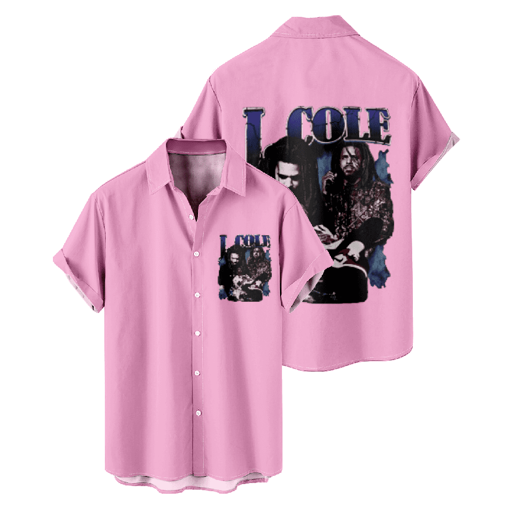 J Cole Rapper Turndown Collar Shirt Pink short sleeve shirt Flip collar ...