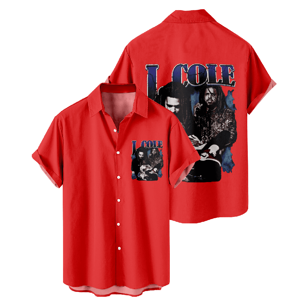 J Cole Rapper Turndown Collar Shirt Red short sleeve shirt Flip collar ...