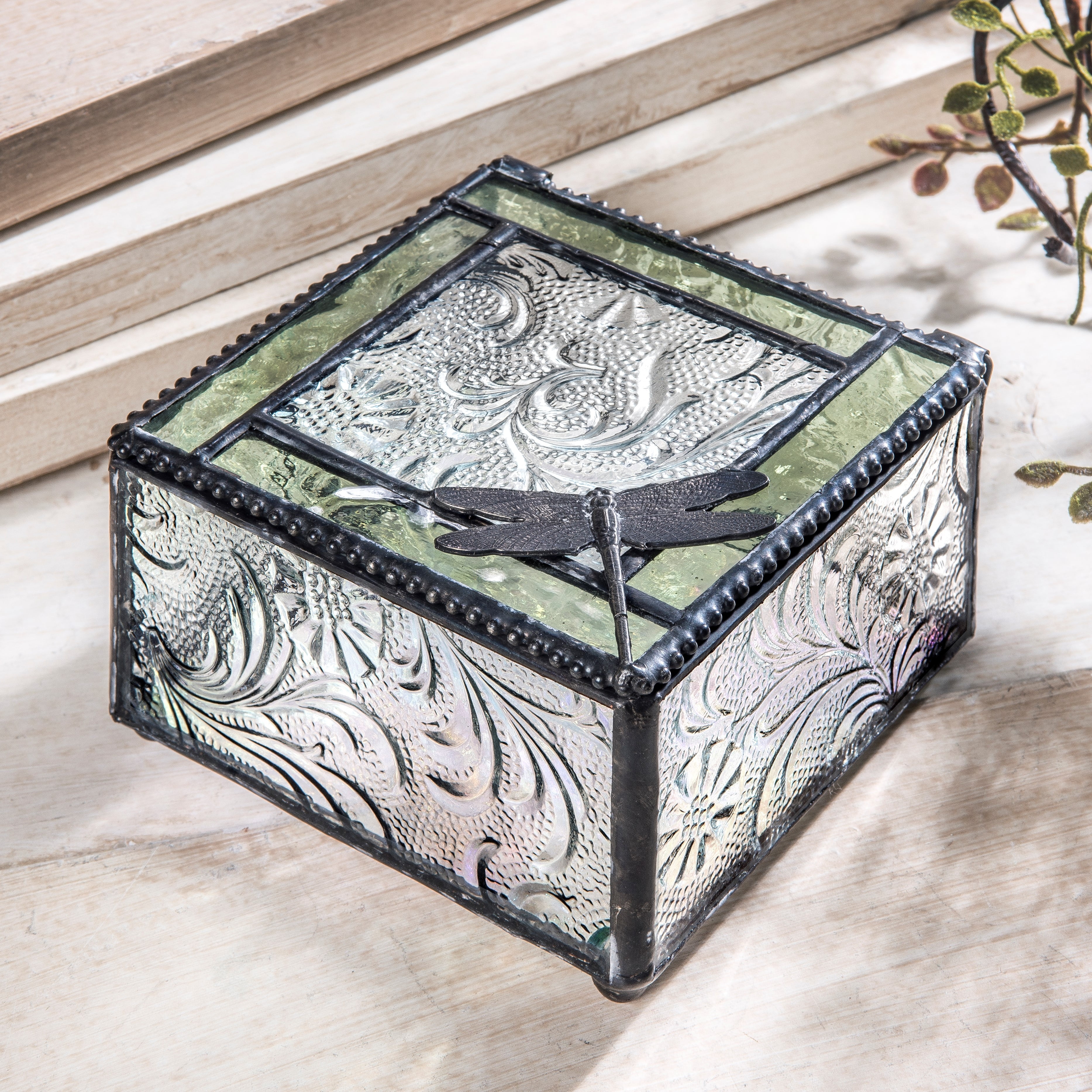J Devlin Box 141 Dragonfly Trinket Box Green Stained Glass Decorative ...