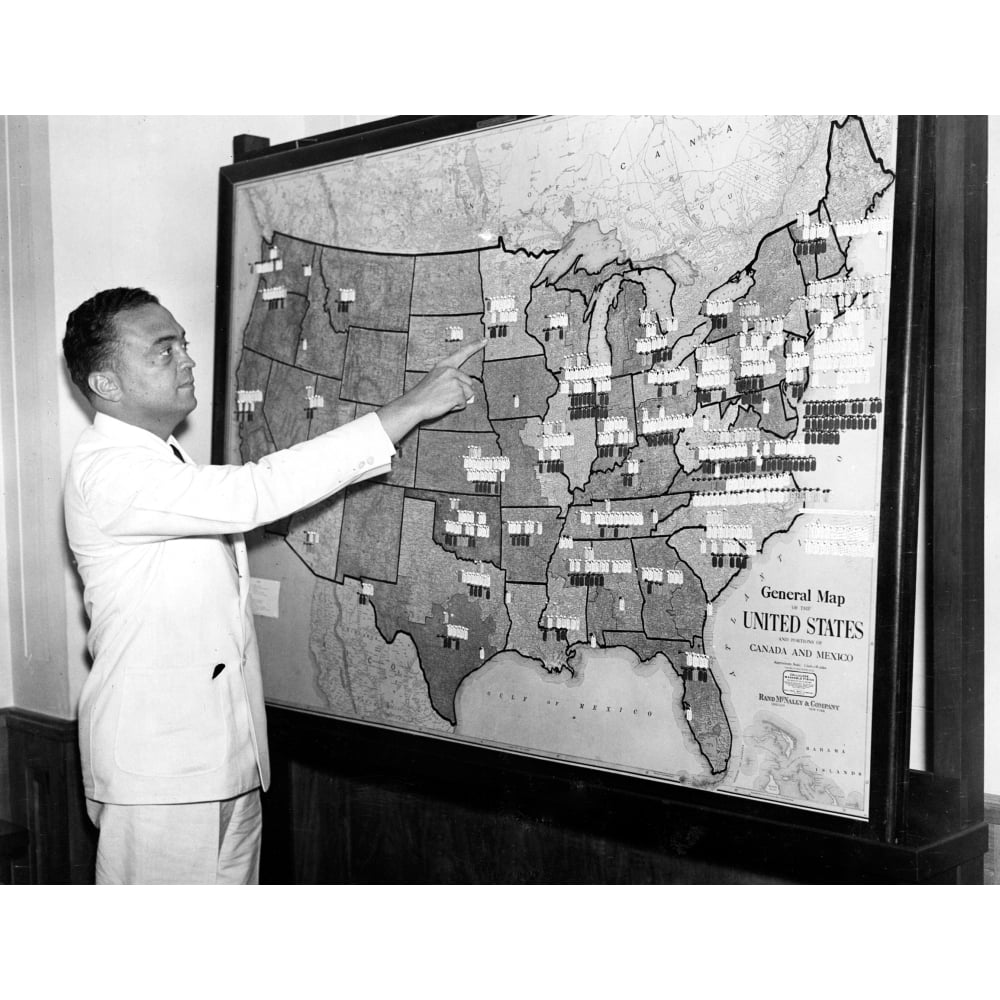 J. Edgar Hoover Pointing To Map Showing Location Of F.B.I. Agents ...