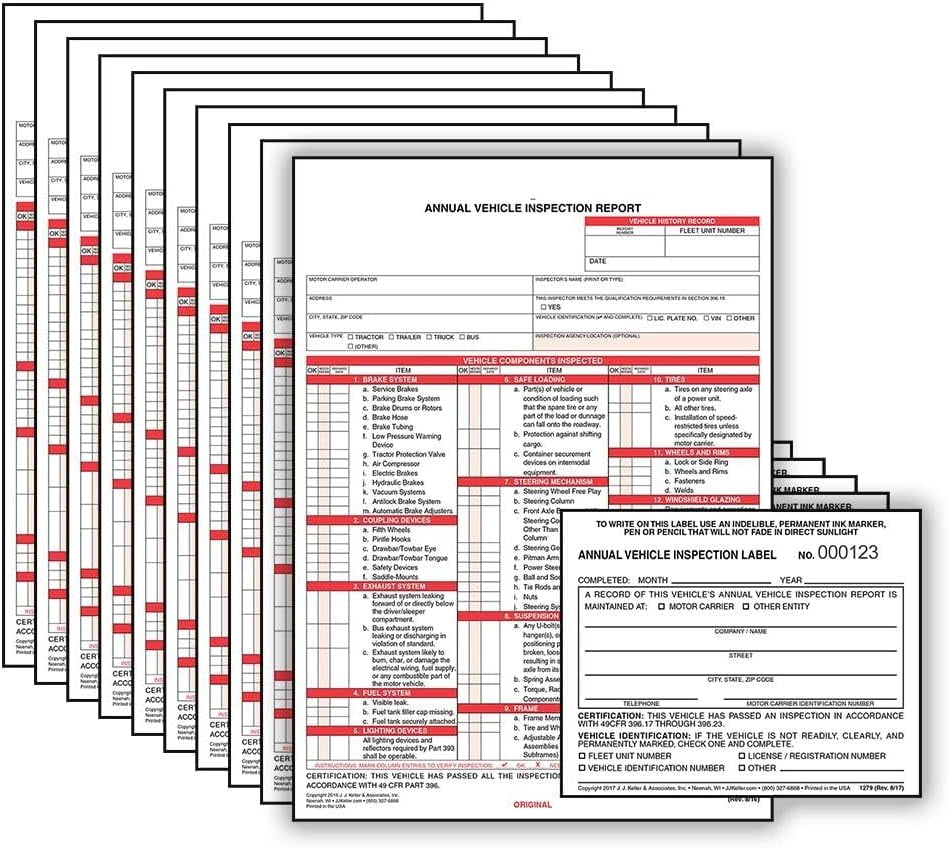 J. J. Keller 10-Pack, Annual Vehicle Inspection Report Form & Adhesive ...