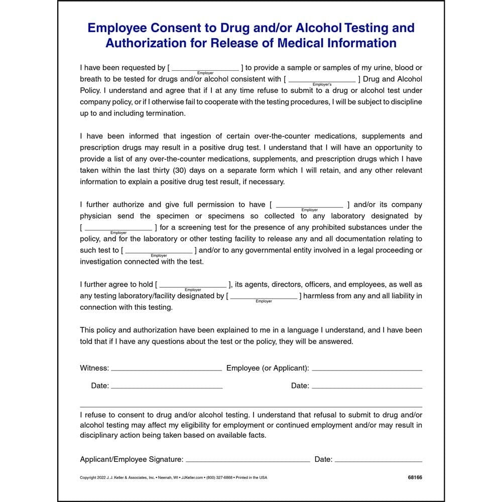 Employee Drug Test Consent Form, 8.5 x 11, 100 Pack - Walmart.com