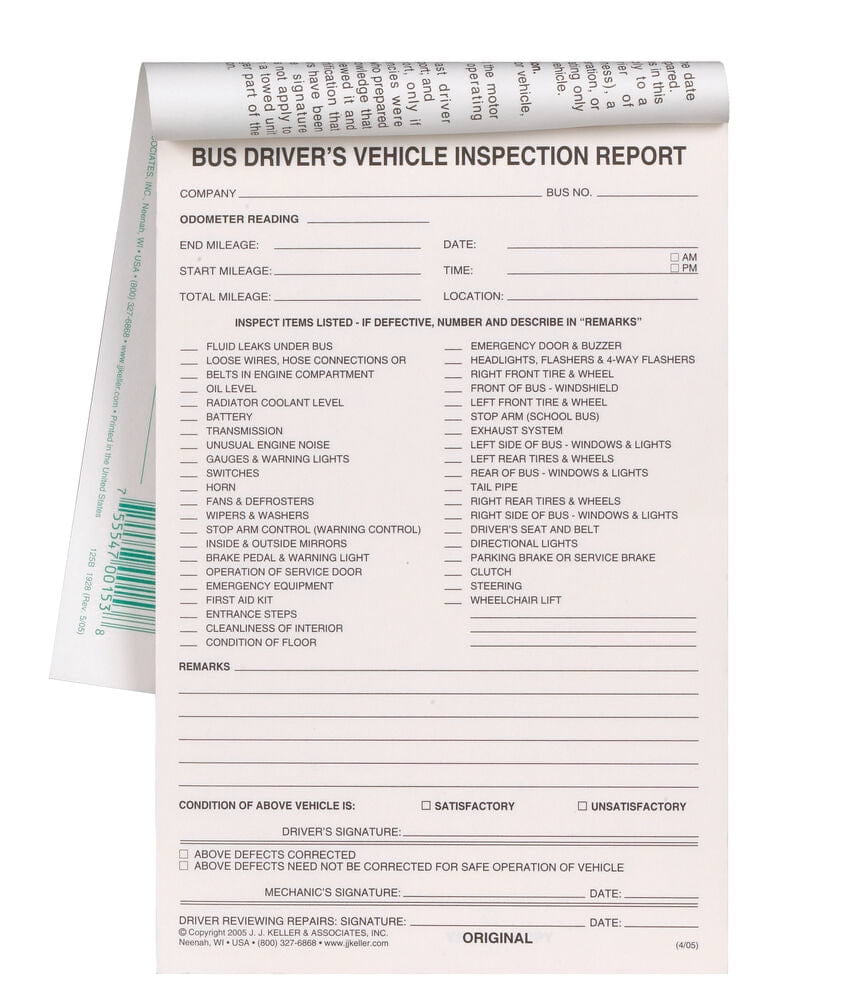 Bus Driver's Vehicle Inspection Report 10-pk. - Book Format, 2-Ply ...