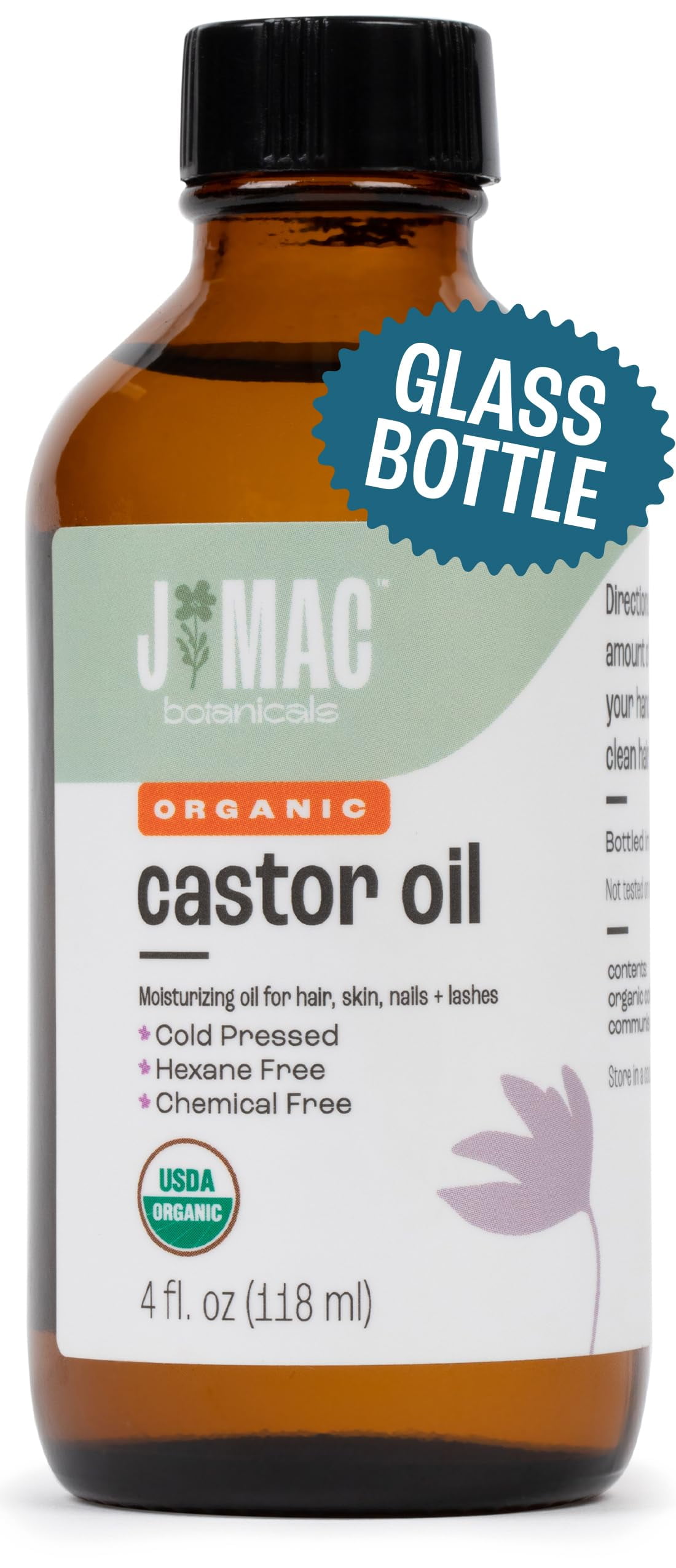 J MAC BOTANICALS Organic IRF13 Castor Oil Cold Pressed (Glass Bottle, 4 ...