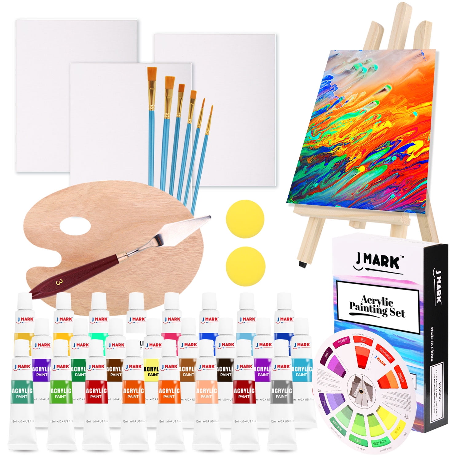 J MARK Artist's Craft Supplies Package - 39 Pcs Acrylic Paints & Canvas ...