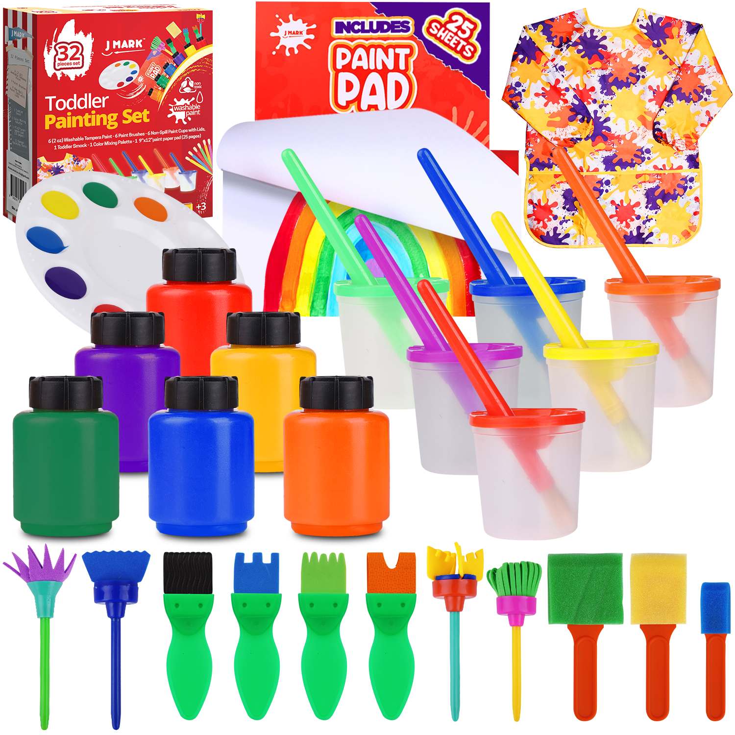 J MARK 32-Piece Toddler Paint Set - Spill Proof Cups, Brushes, Washable ...
