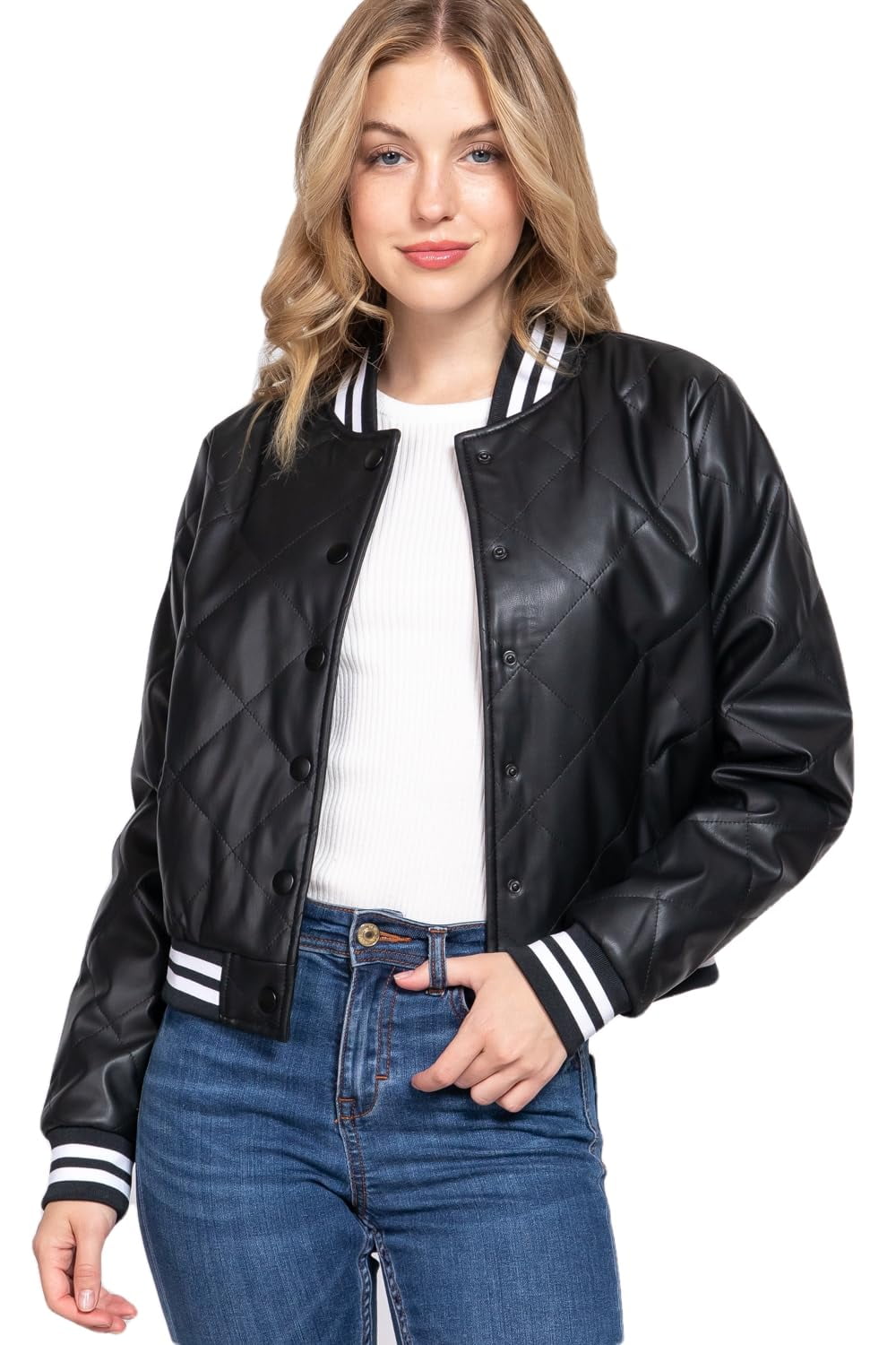 J. METHOD Women's Bomber Jacket PU Faux Leather Quilted Long Sleeve Button Down Casual Coat ...