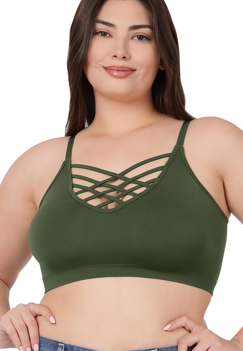 J. METHOD Women's Strappy Bralette – Front V Lattice Sports Bra with Removable Pads Padded Built ...