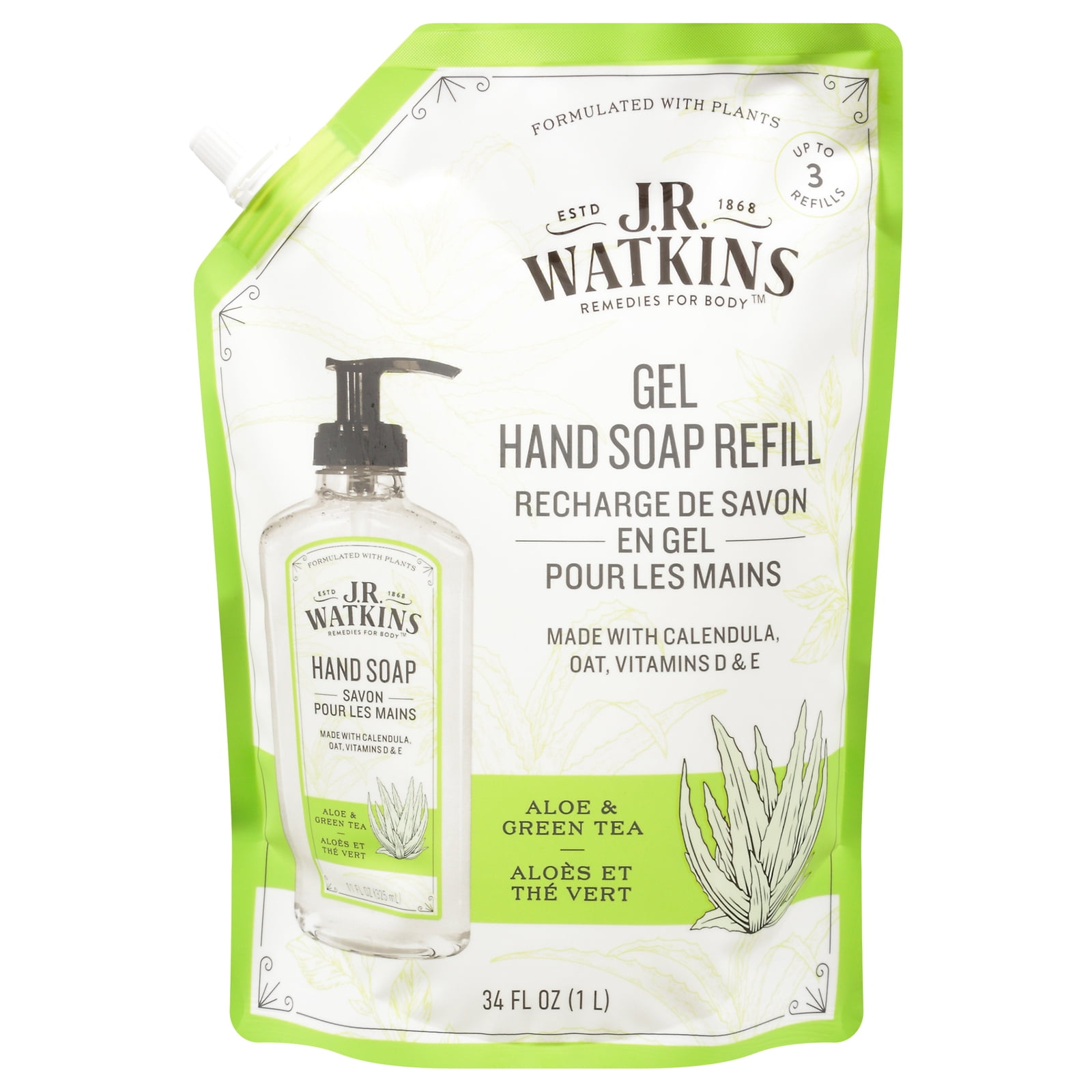 J.R. Watkins Gel Hand Soap Refill Aloe and Green Tea 34oz - Walmart.com