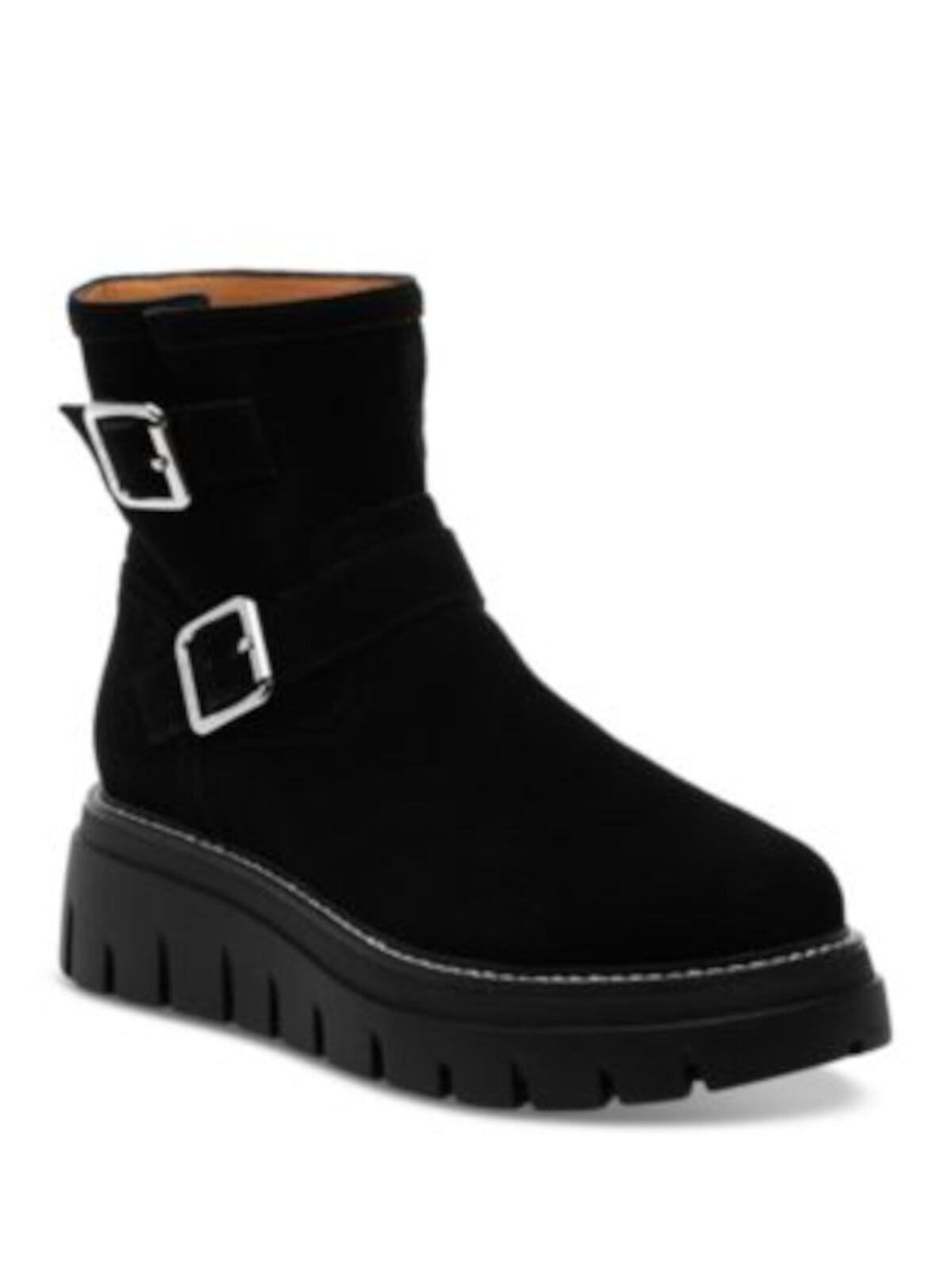 J SLIDES Womens Black Cushioned Buckle Accent Lug Sole Texas Round Toe ...