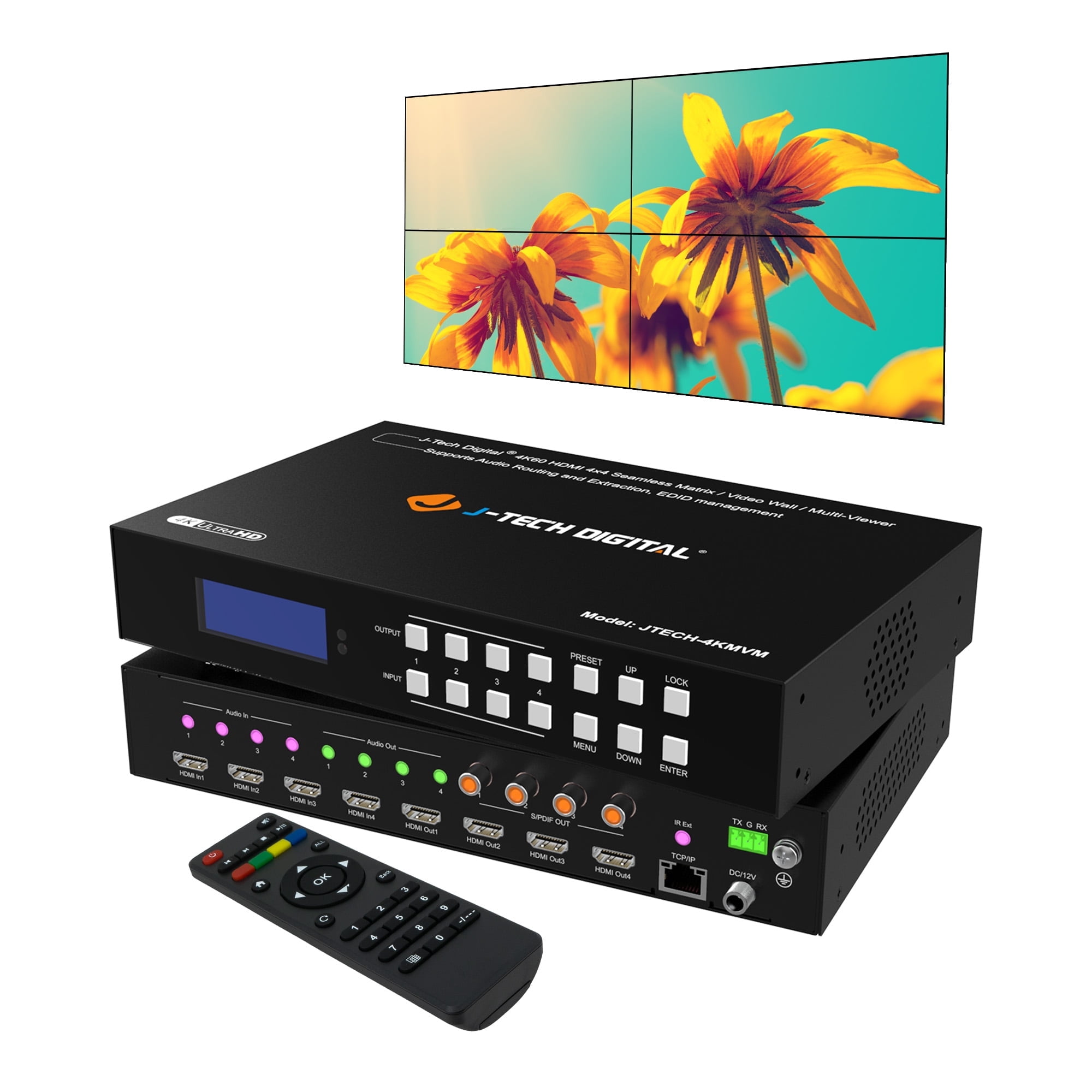 J-Tech Digital 4K 60Hz 4x4 Seamless HDMI Matrix 2x2 Video Wall Controller Multiviewer, 180 ...