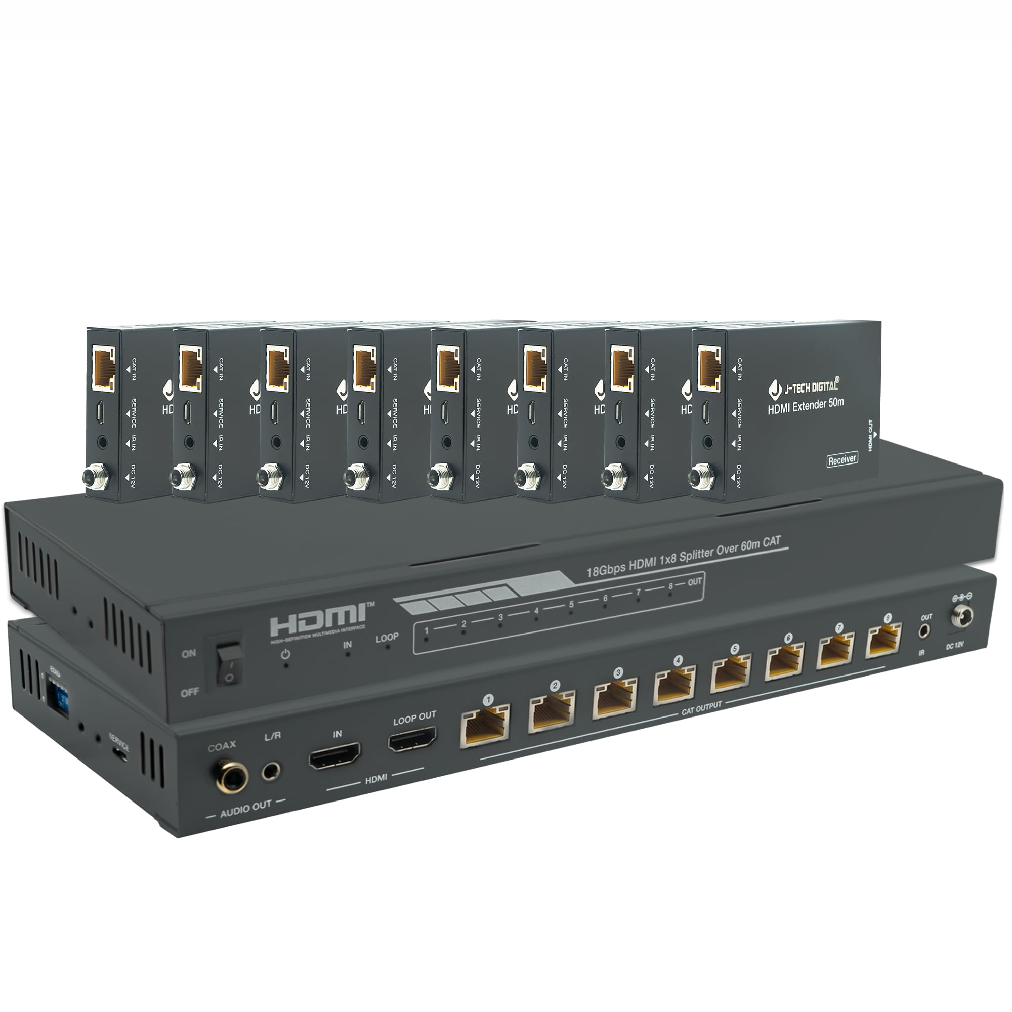 J-Tech Digital JTECH-18EX50 HDMI 2.0 4K 1x8 Splitter Extender w/ PoC ...
