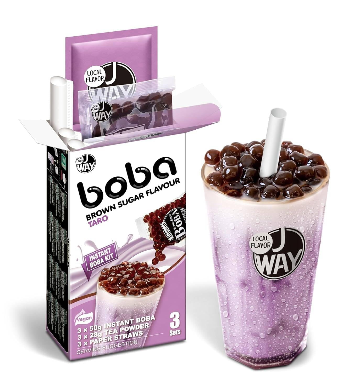 J Way Instant Boba Bubble Pearl Taro Milk Tea Kit With Authentic Brown ...