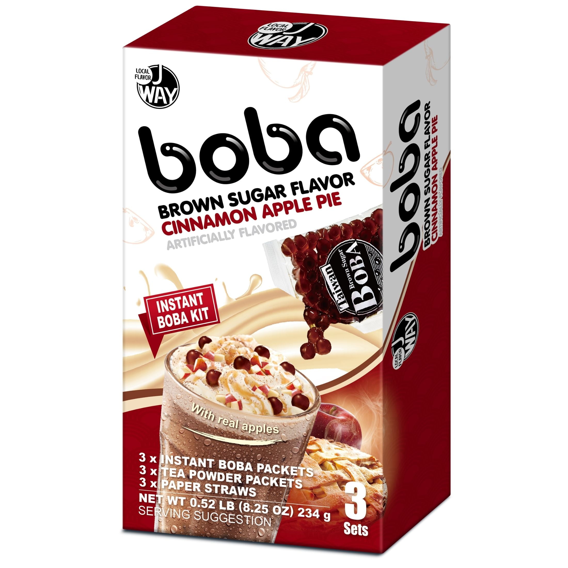 J WAY Instant Boba Tea Kit, Cinnamon Apple Pie Flavor, 3 Drink Pack ...