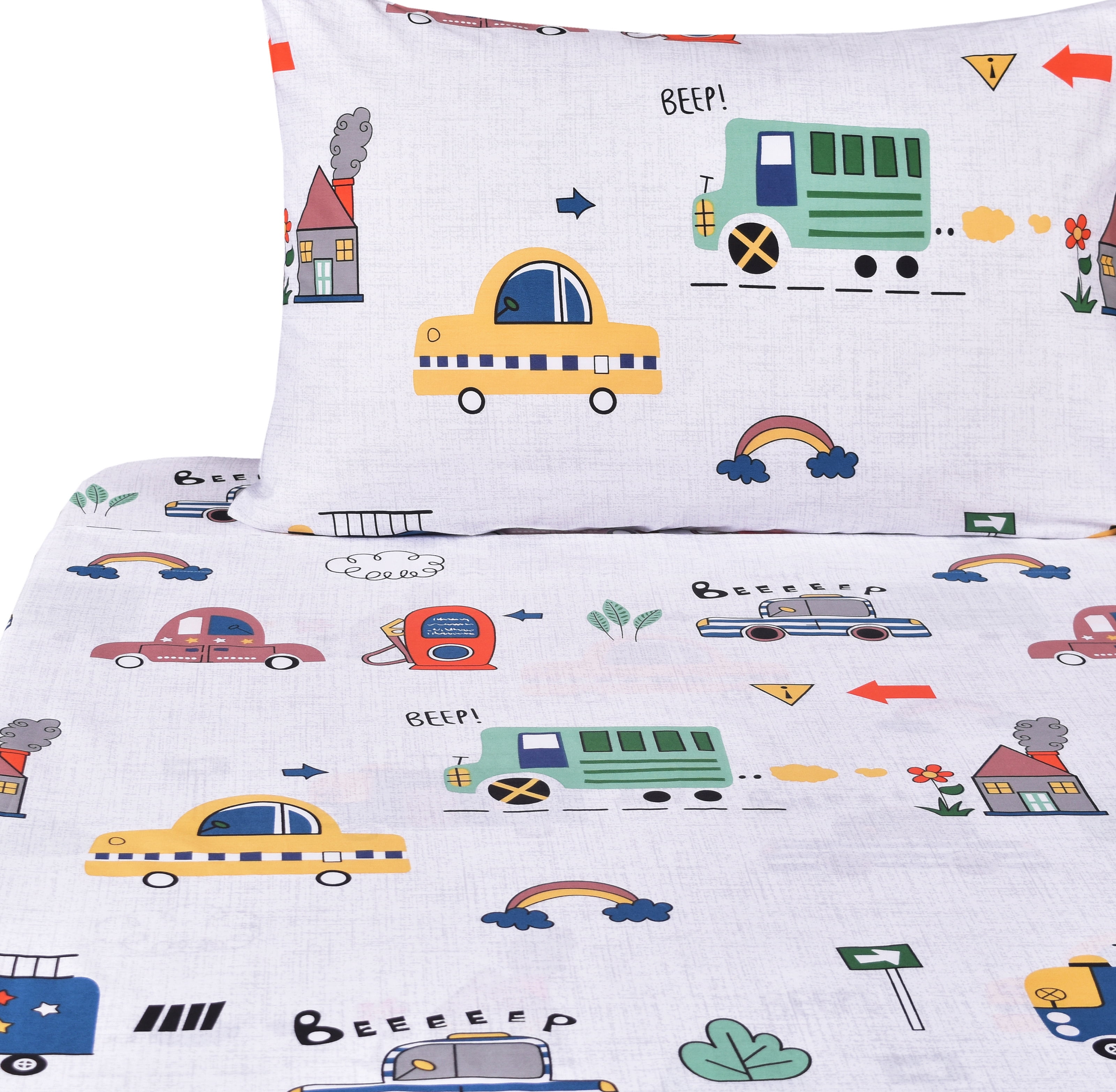 J-pinno Kids Twin Sheet Set, 100% Cotton, Cars Bus Traffic Theme ...