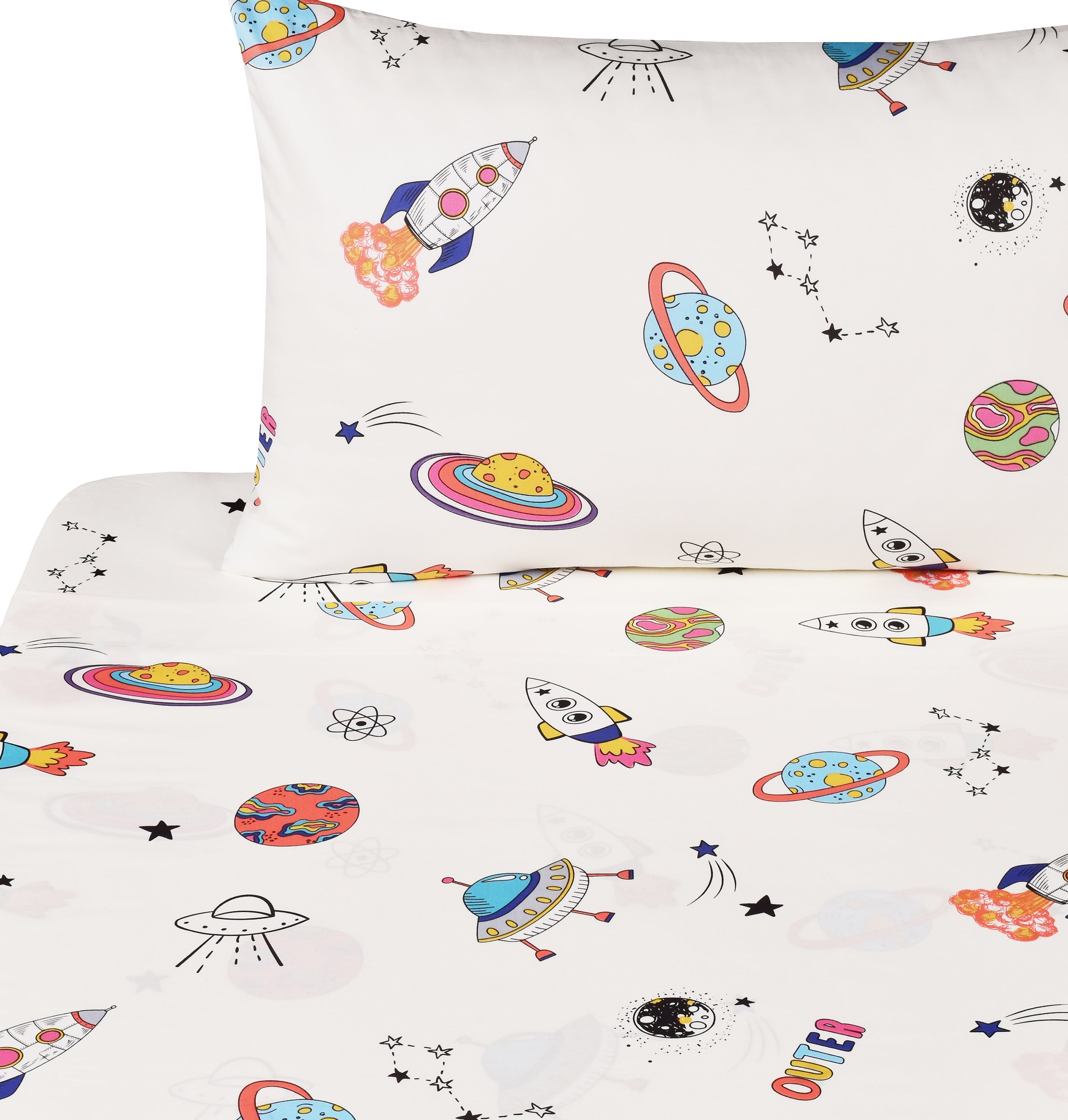 J-pinno Kids Twin Sheet Set, 100% Cotton Outer Space Planet Rocket ...