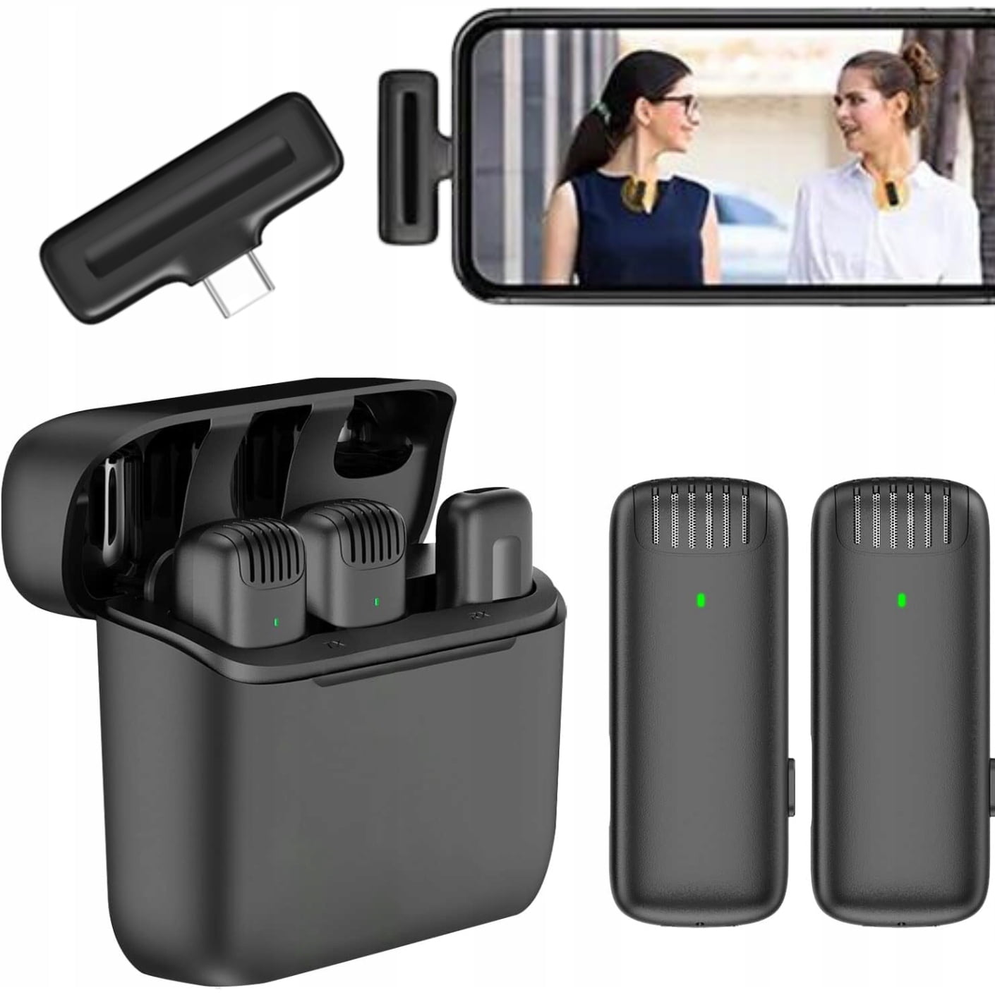 J13 2x Wireless Lavalier Microphone USB-C Receiver Adapter for iPhone ...