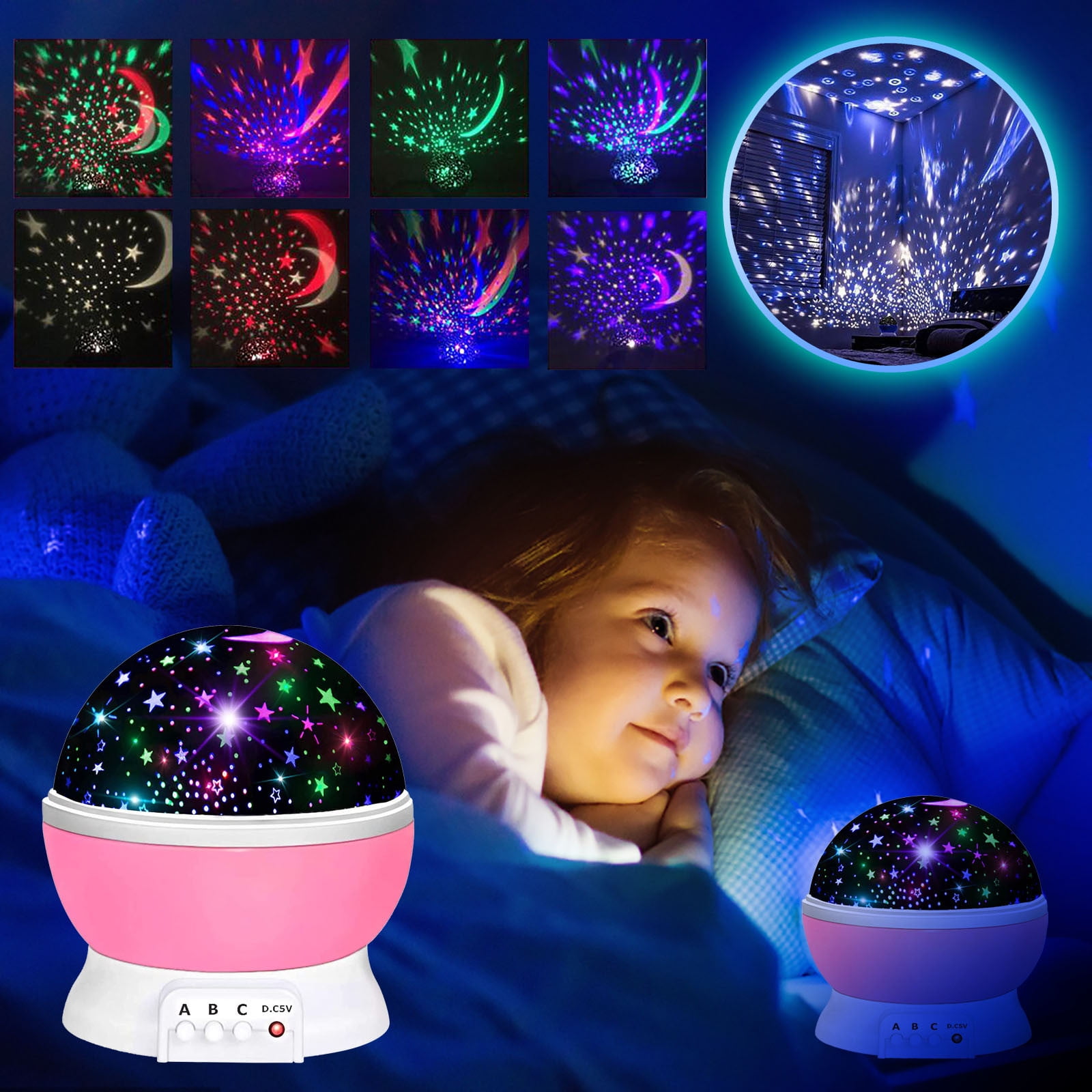 JABUUO Kids Stars Night Light Projector 360-Degree Rotating Moon Star ...