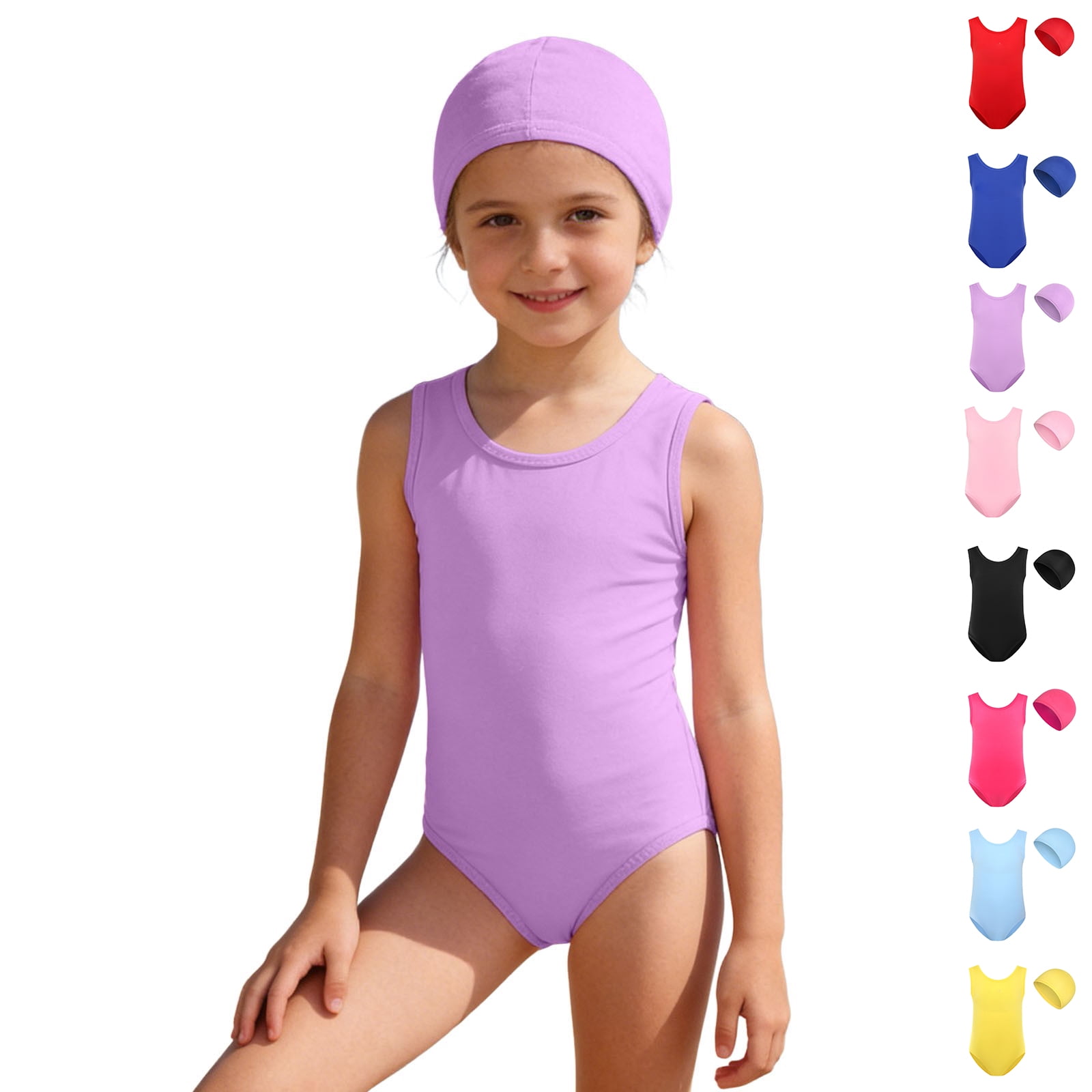 Jachenn 1 Piece Swimsuit For Girls Summer Solid Color With Swimsuit Cap