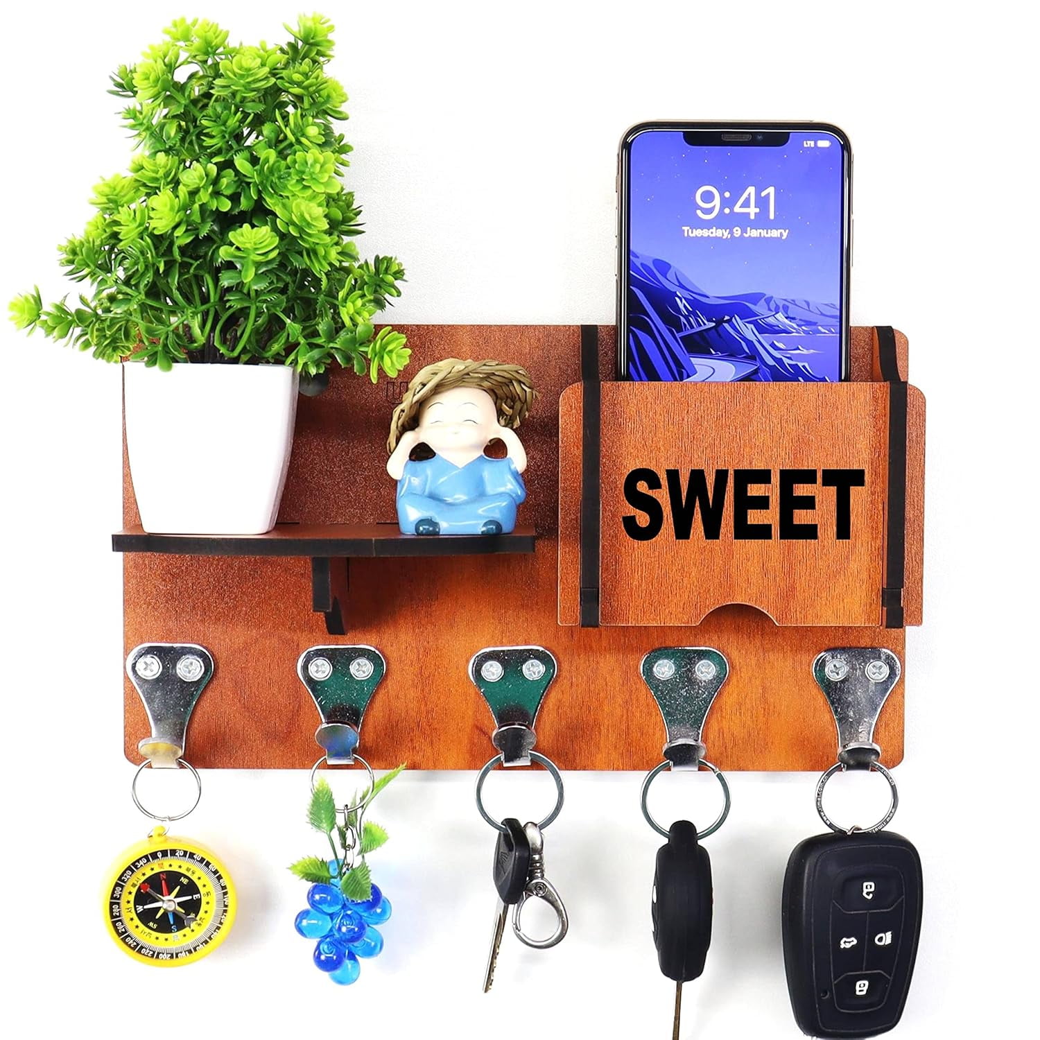 JACKCLEEN Key Holder JKH401 Wall Mount Wooden Key Holder with Mobile ...