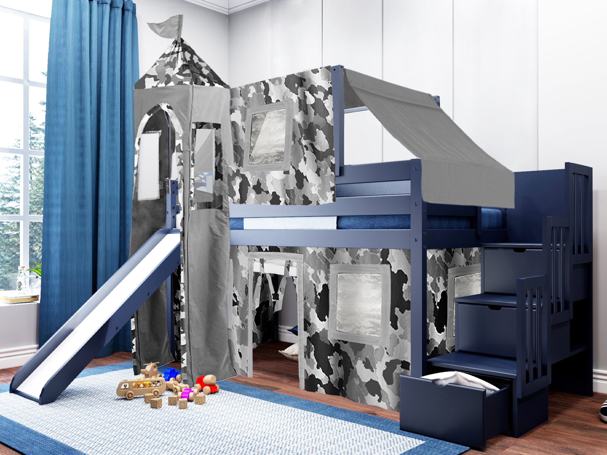 JACKPOT Solid Wood Prince & Princess Low Loft Bed in Blue/Gray Camo ...