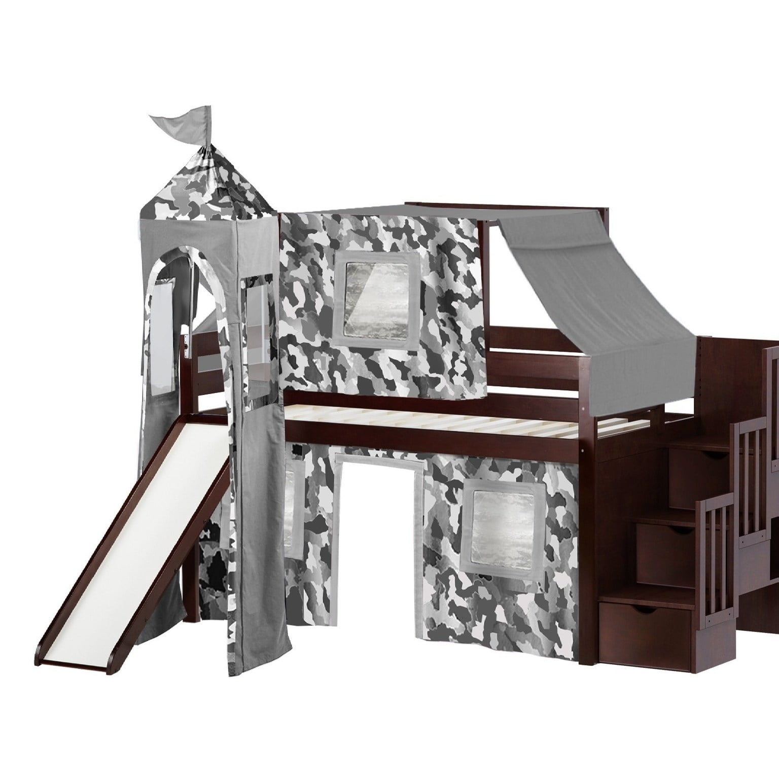 JACKPOT Solid Wood Prince & Princess Low Loft Bed in Cherry/Gray Camo ...