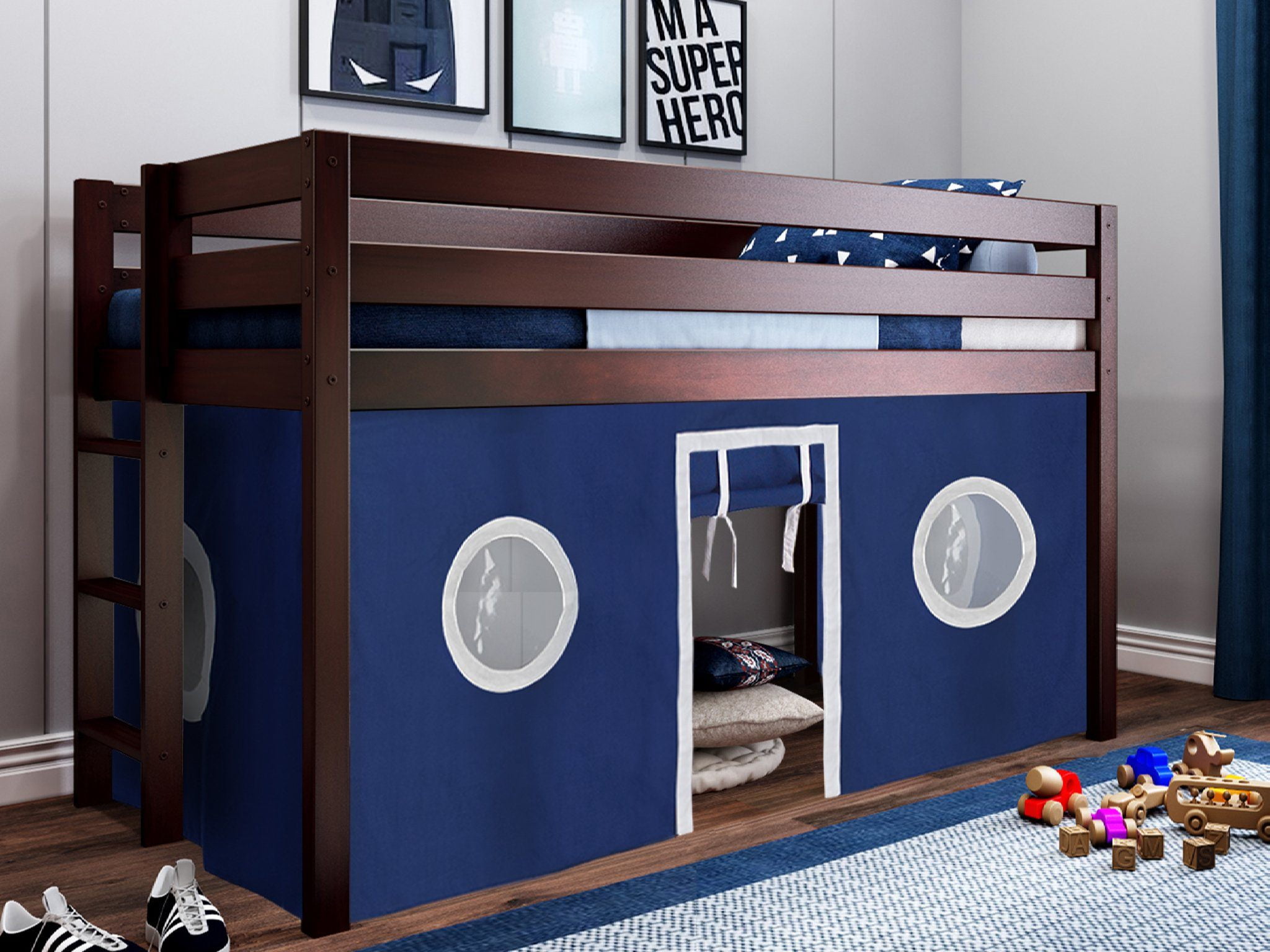 JACKPOT! Contemporary Low Loft Twin Bed with End Ladder, Cherry with ...