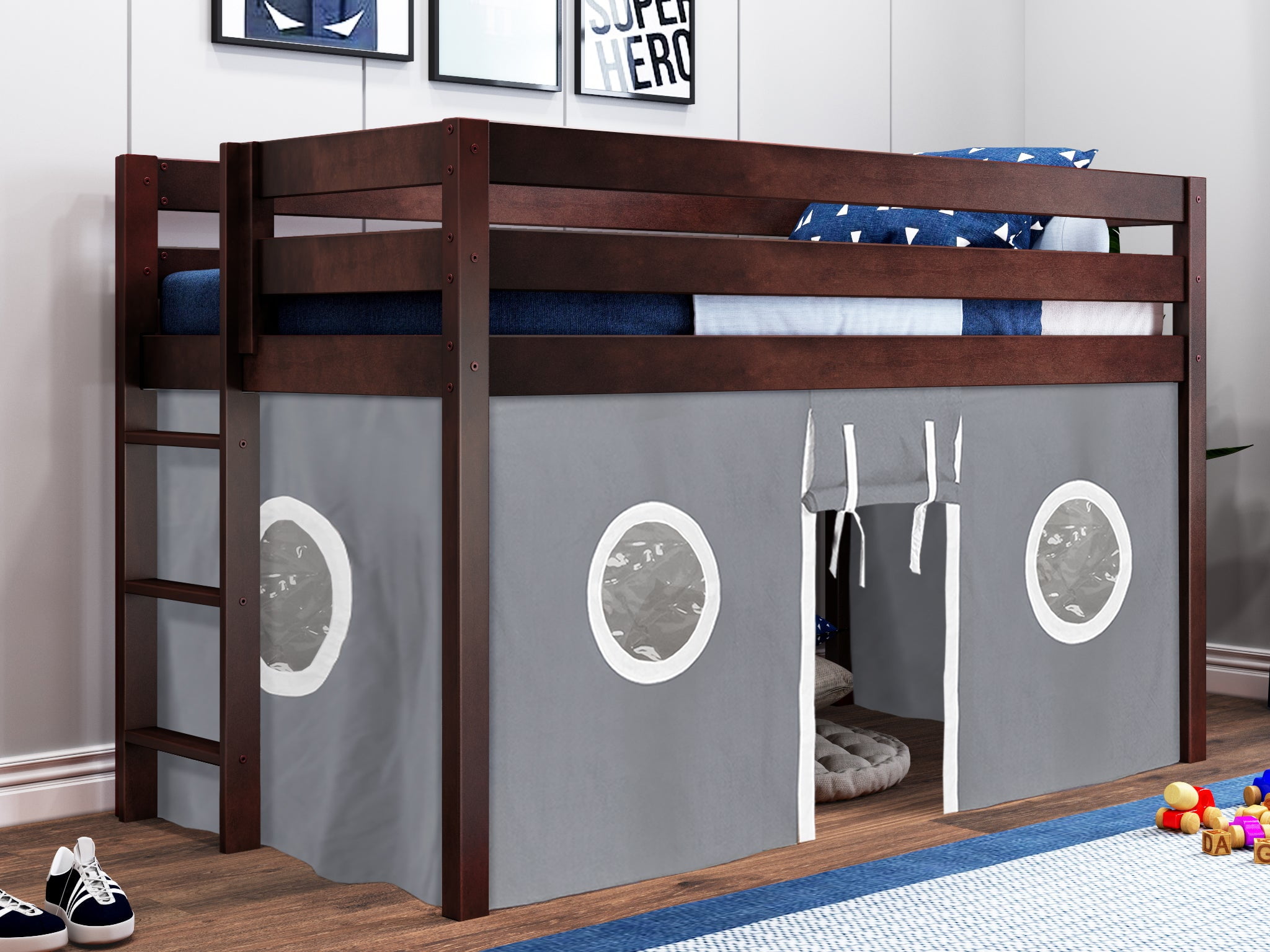 JACKPOT! Contemporary Low Loft Twin Bed with End Ladder, Cherry with ...