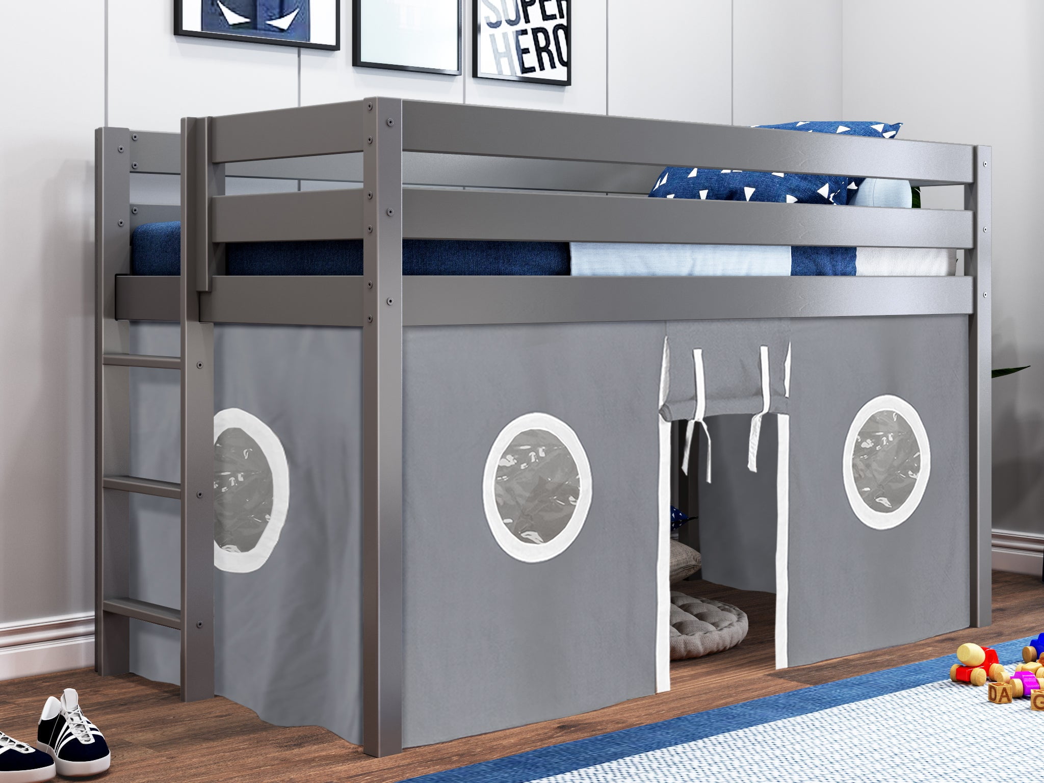 JACKPOT! Contemporary Low Loft Twin Bed with End Ladder, Gray with Gray ...
