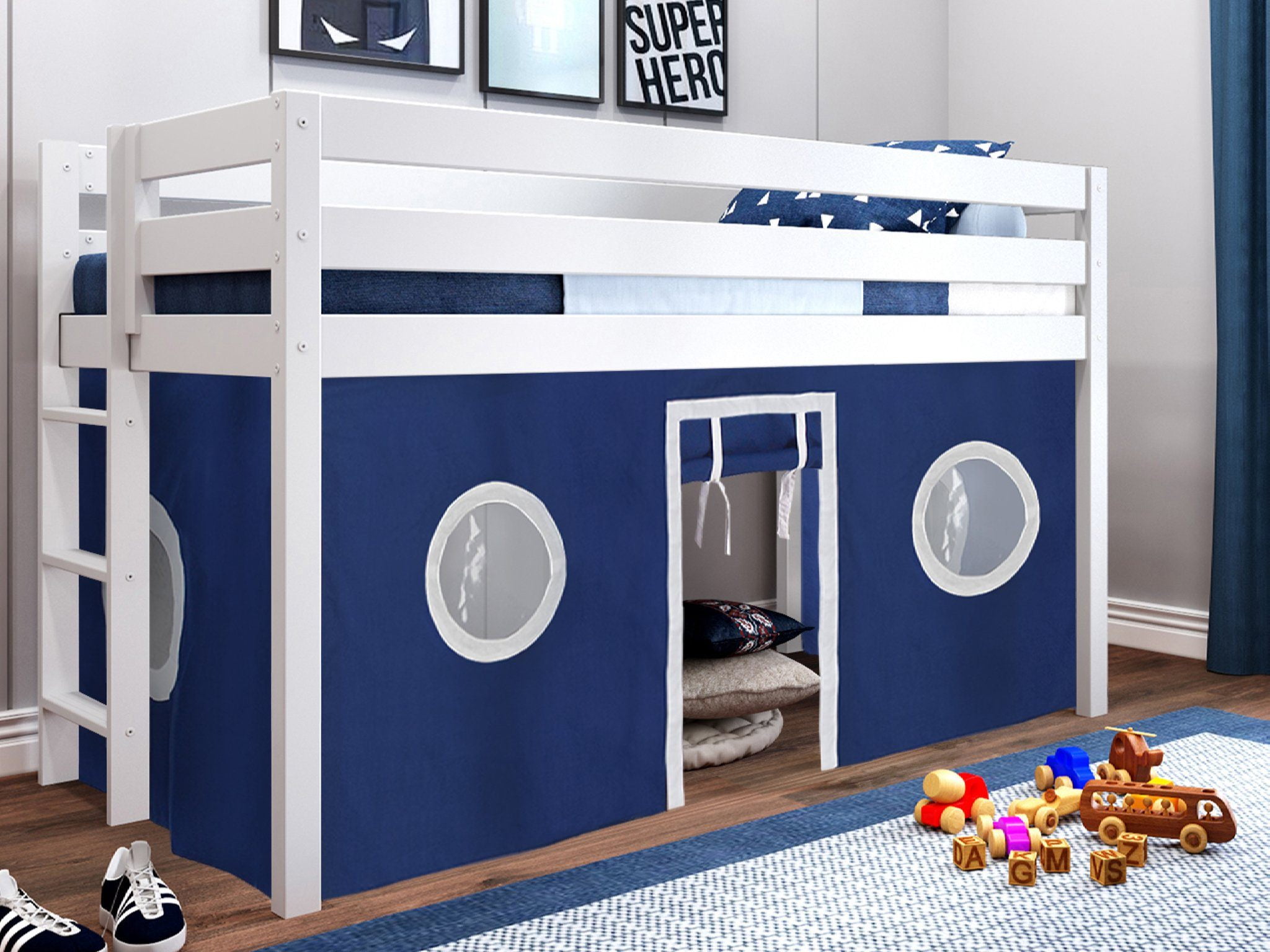 JACKPOT! Contemporary Low Loft Twin Bed with End Ladder, White with ...