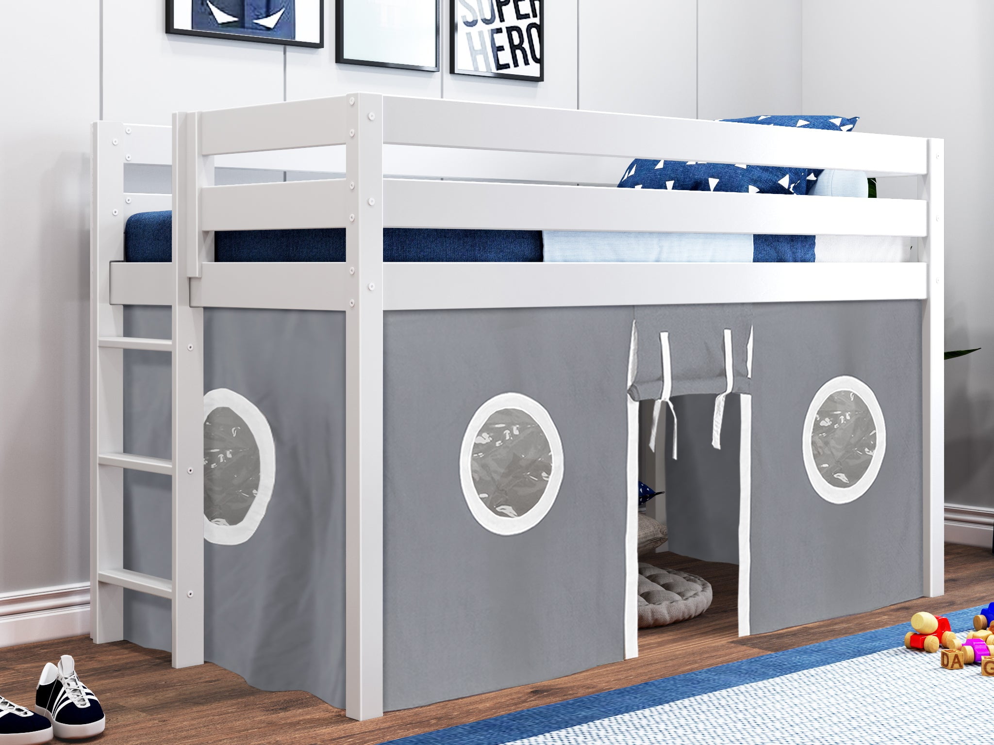 JACKPOT! Contemporary Low Loft Twin Bed with End Ladder, White with ...