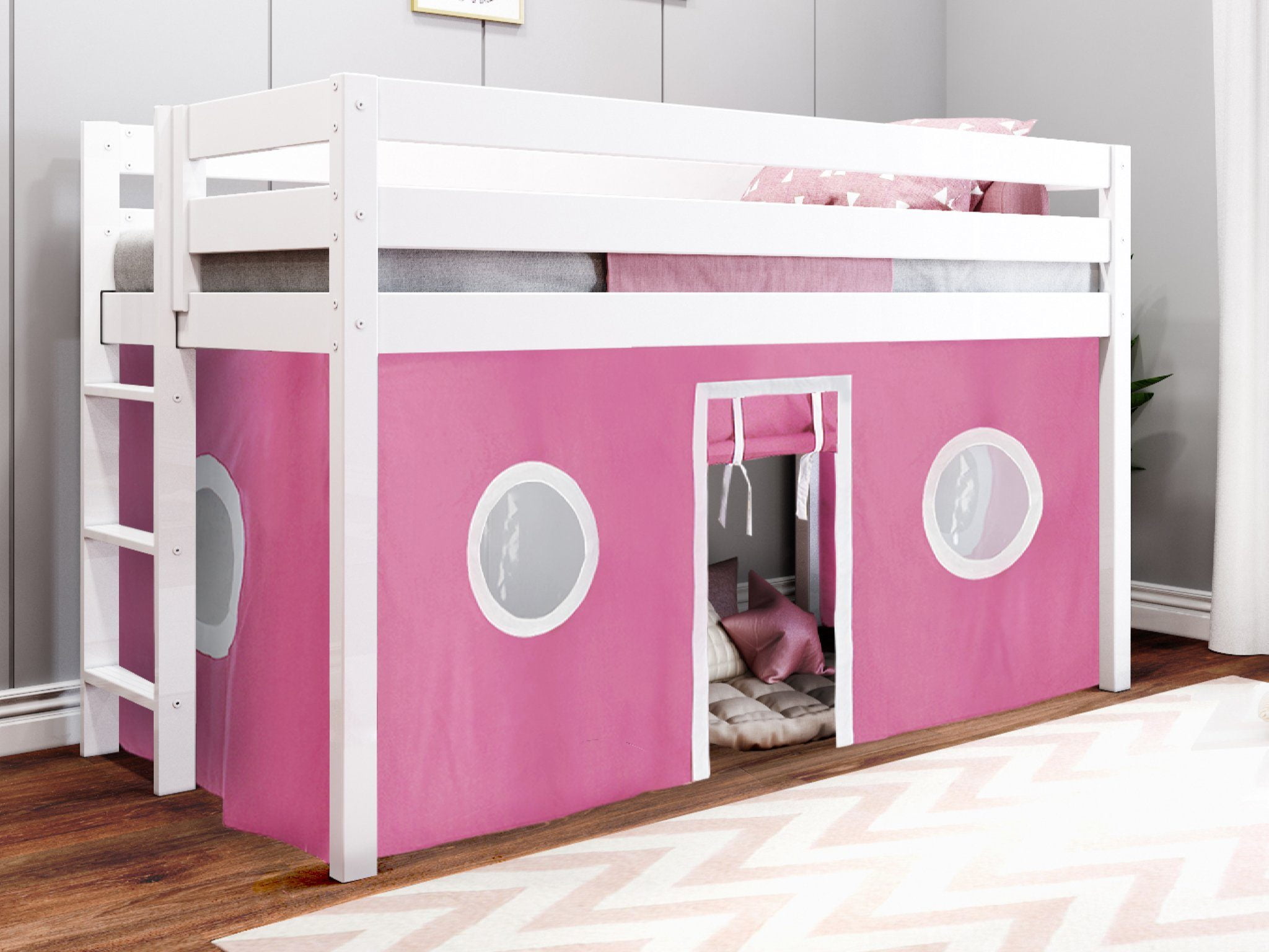 JACKPOT! Contemporary Low Loft Twin Bed with End Ladder, White with ...