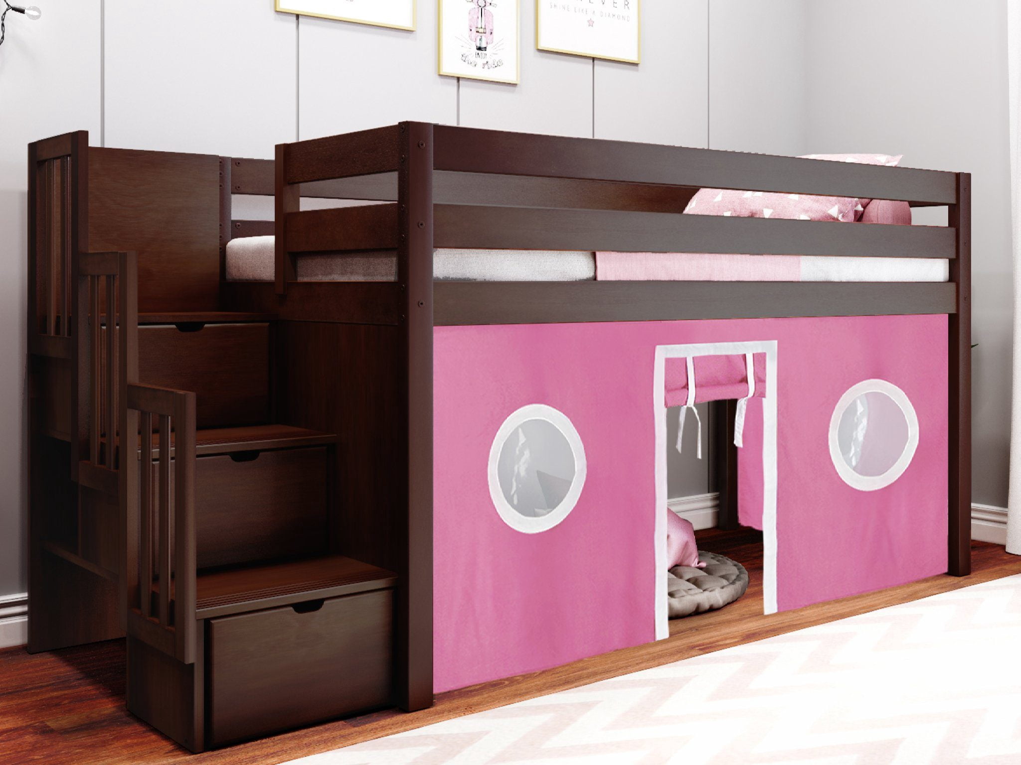 JACKPOT! Contemporary Low Loft Twin Bed with a 3 Drawer Stairway ...