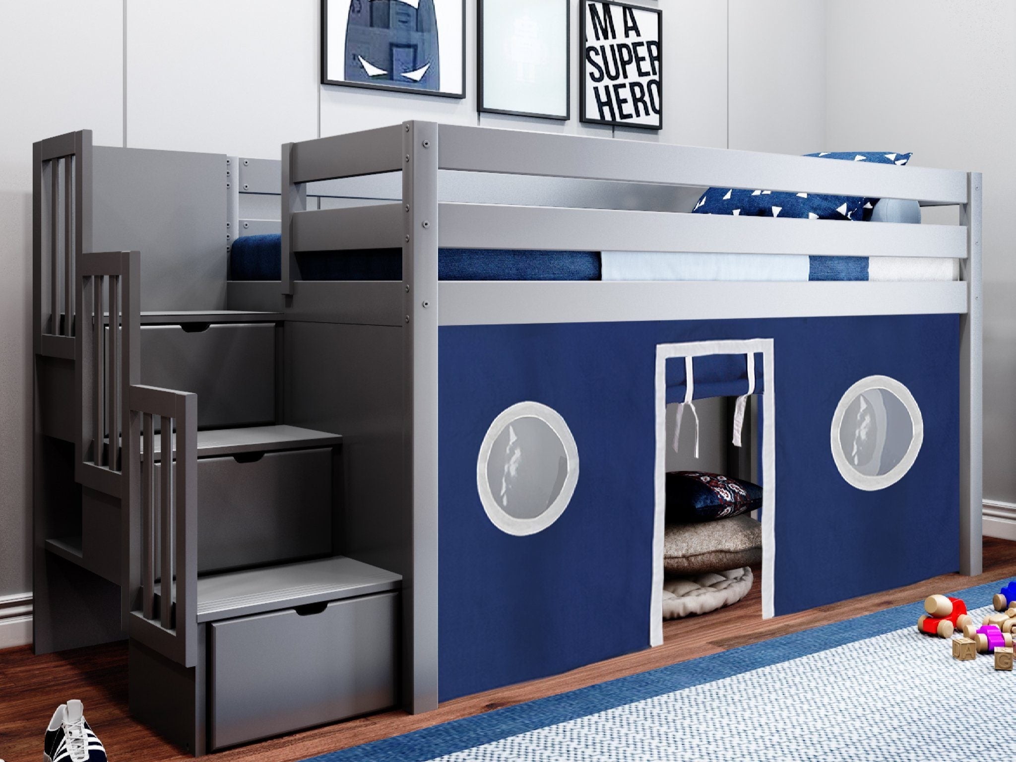 JACKPOT! Twin Low Loft Bed for Kids with 3-Drawer Stairway & Blue ...