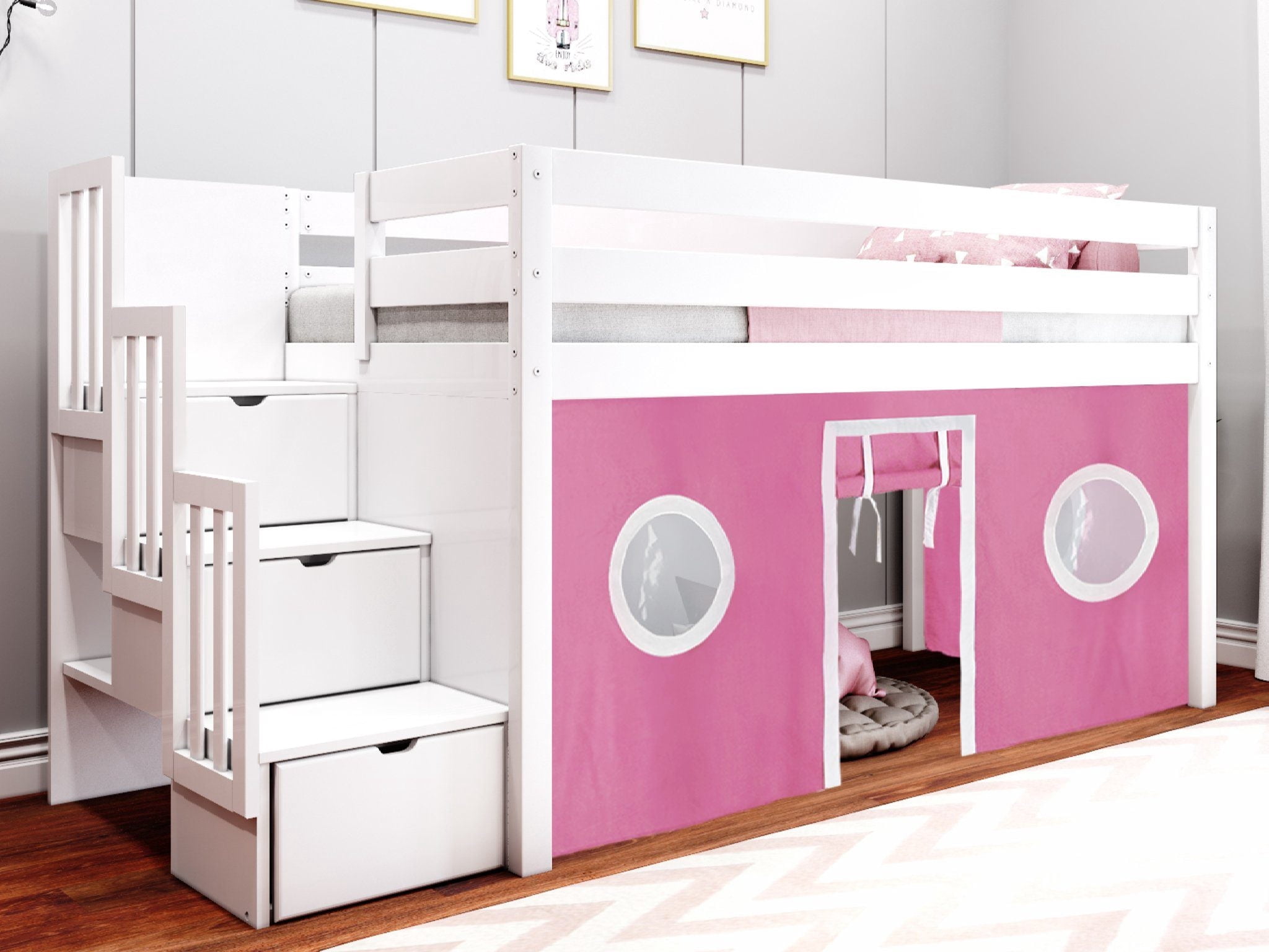 JACKPOT! Contemporary Low Loft Twin Bed with a 3 Drawer Stairway, White ...