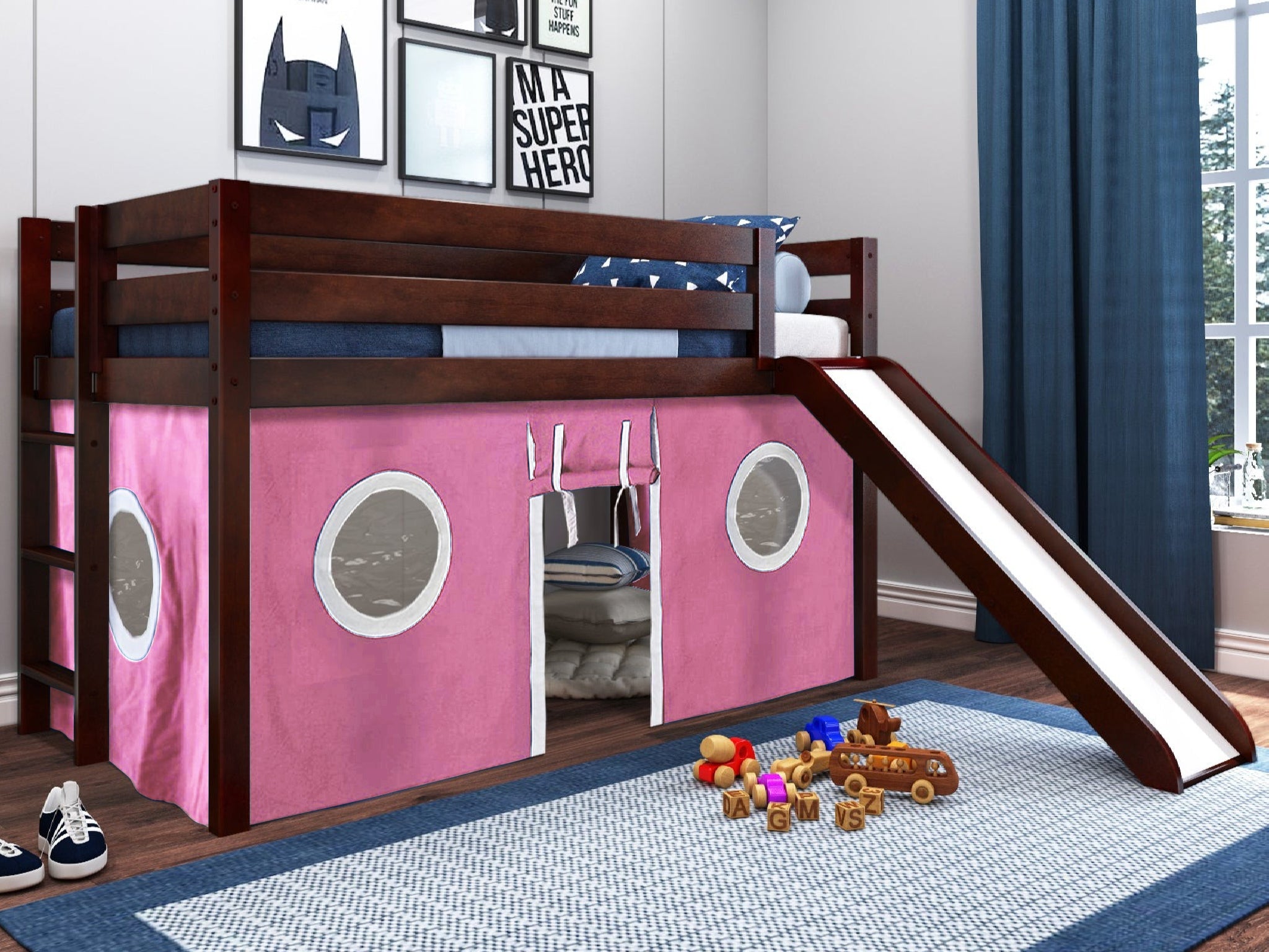 JACKPOT Low Loft Twin Bed with End Ladder and Slide, Cherry with Pink ...
