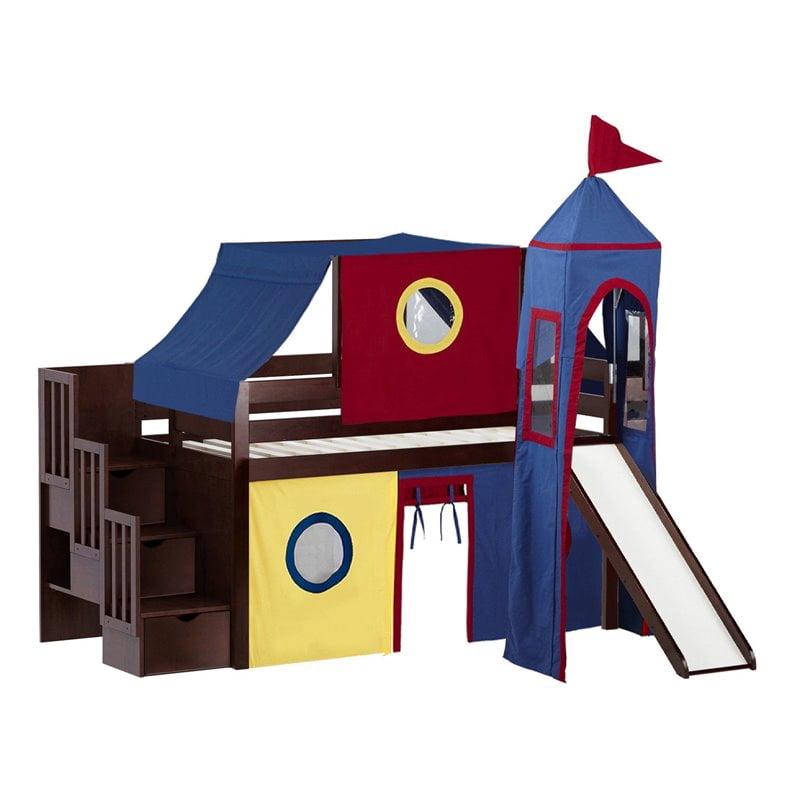 Jackpot Princess Twin Low Loft Castle Bed with Stairway, Slide, Play ...