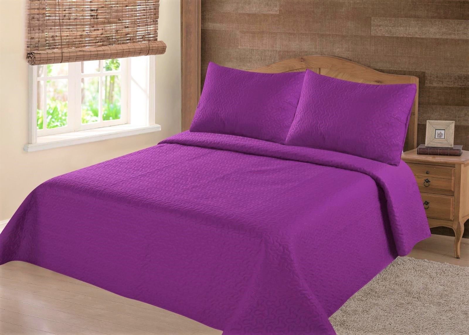 JACKY PURPLE QUEEN 3 Piece MODERN EMBOSSED Solid Bedspread Coverlet Set ...