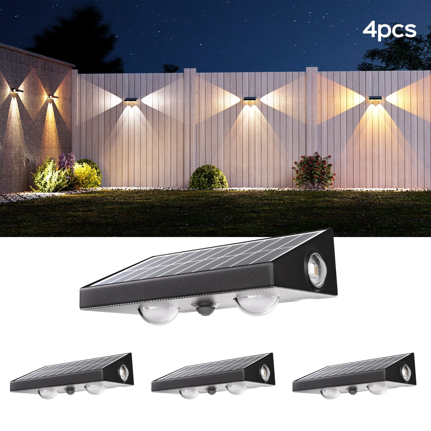 JACKYLED 4-Pack 3-Side Solar Fence Lights, 3-Color Modes, Wall Deck ...