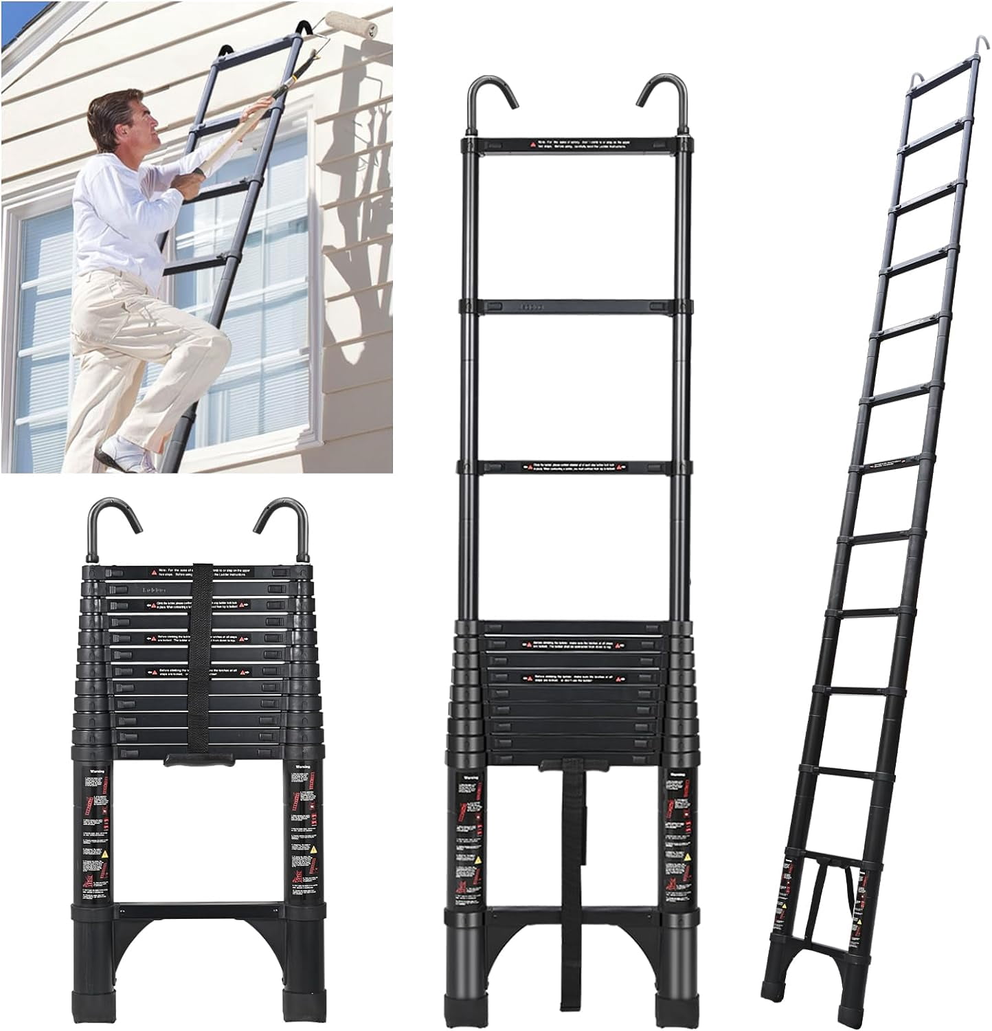 JADDUO 12.5 FT Telescopic Ladder, Aluminium Black Telescoping Ladder ...