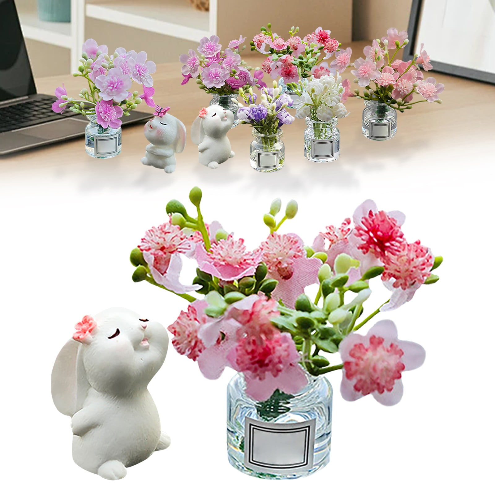 JADT Cute Mini Bunny and Peach Blossom in Flower Vase Car Rearview ...